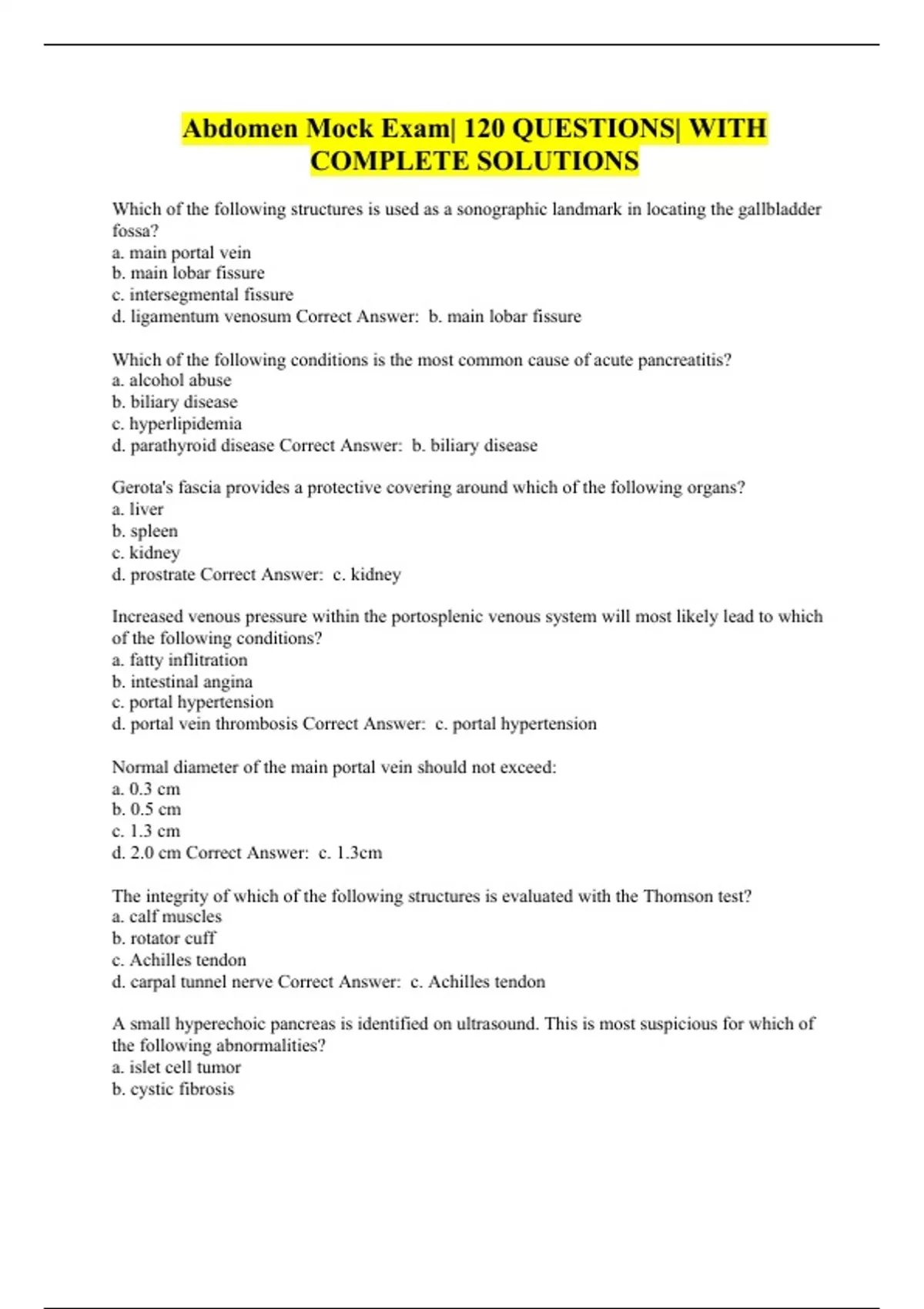 Abdomen Mock Exam| 120 QUESTIONS| WITH COMPLETE SOLUTIONS - Ardms ...