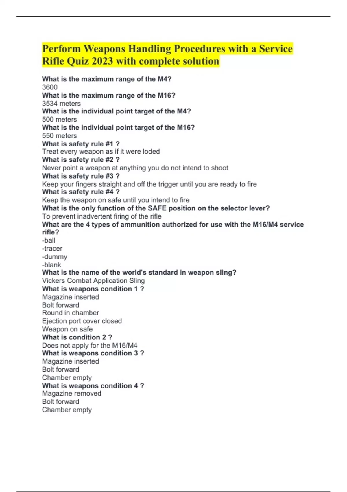 Perform Weapons Handling Procedures with a Service Rifle Quiz 2023 with ...
