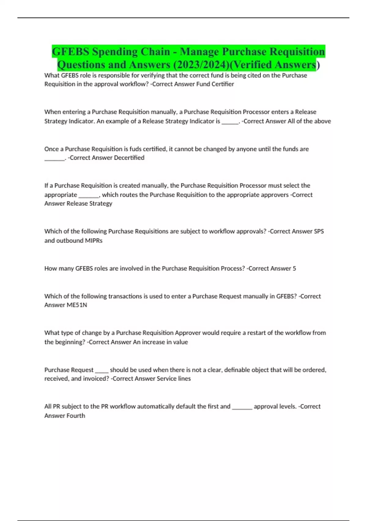 GFEBS Spending Chain - Manage Purchase Requisition Questions and ...