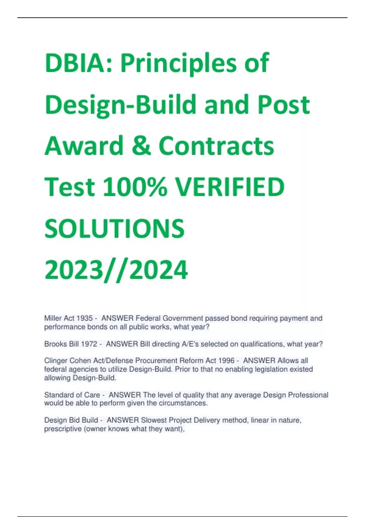 DBIA: Principles of Design-Build and Post Award & Contracts Test 100% ...