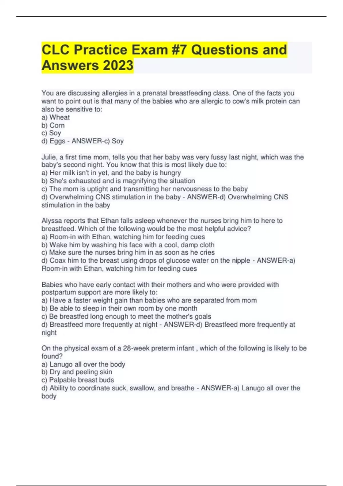 CLC Practice Exam #7 Questions and Answers 2023 - CLC Practice #7 2023 - Stuvia US