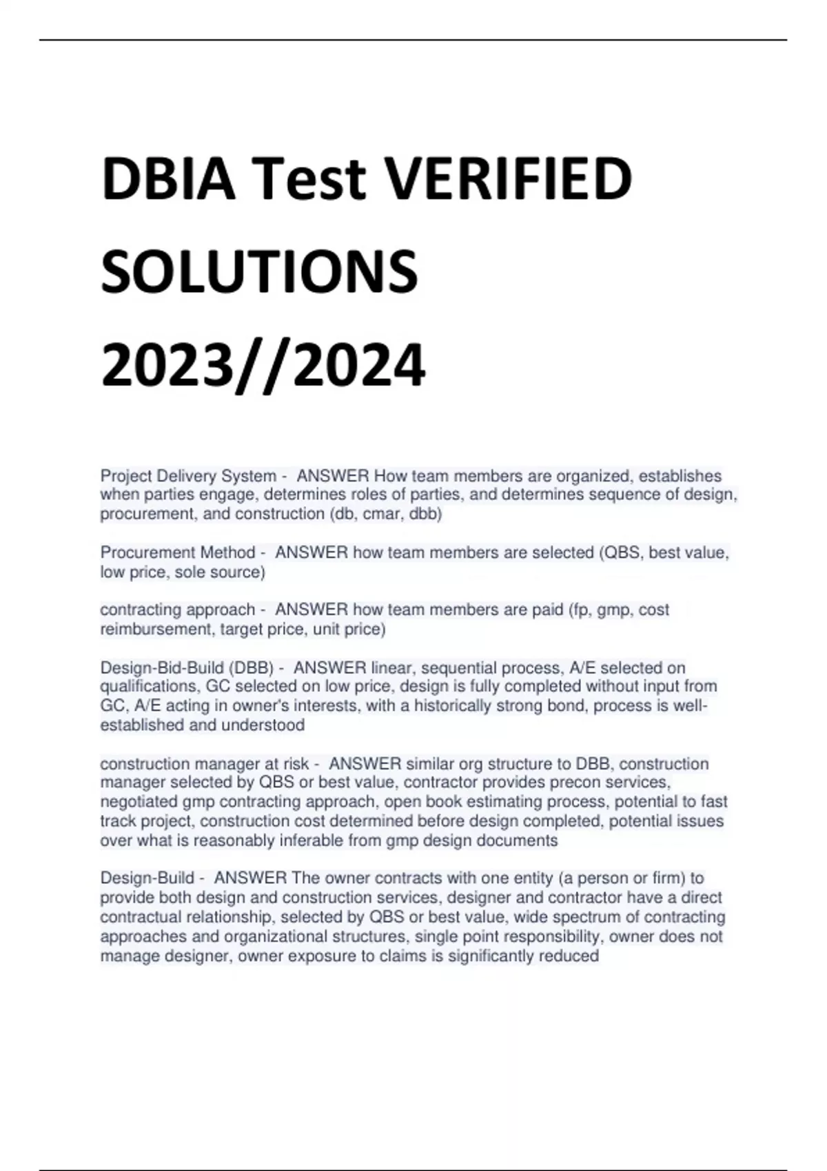 DBIA Test VERIFIED SOLUTIONS 2023//2024 - DBIA - Stuvia US