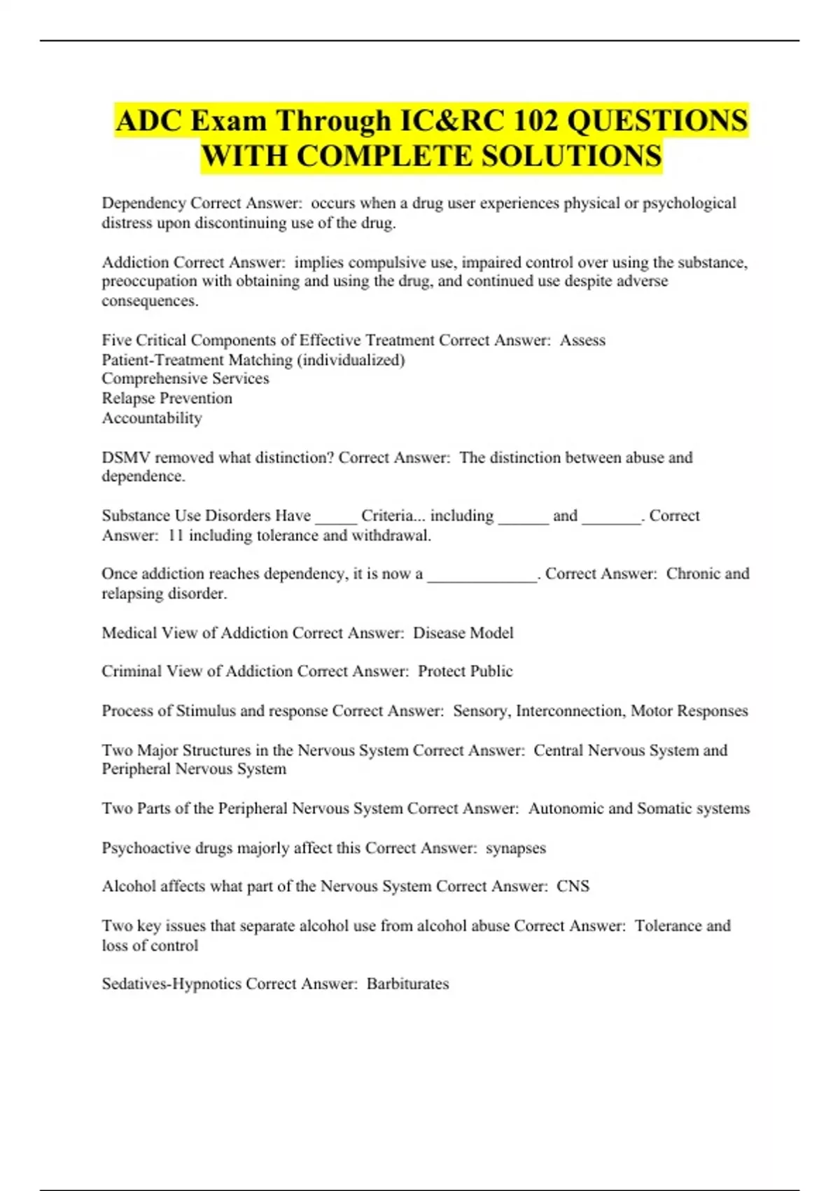 ADC Exam Through IC&RC 102 QUESTIONS WITH COMPLETE SOLUTIONS - ICRC - Stuvia US