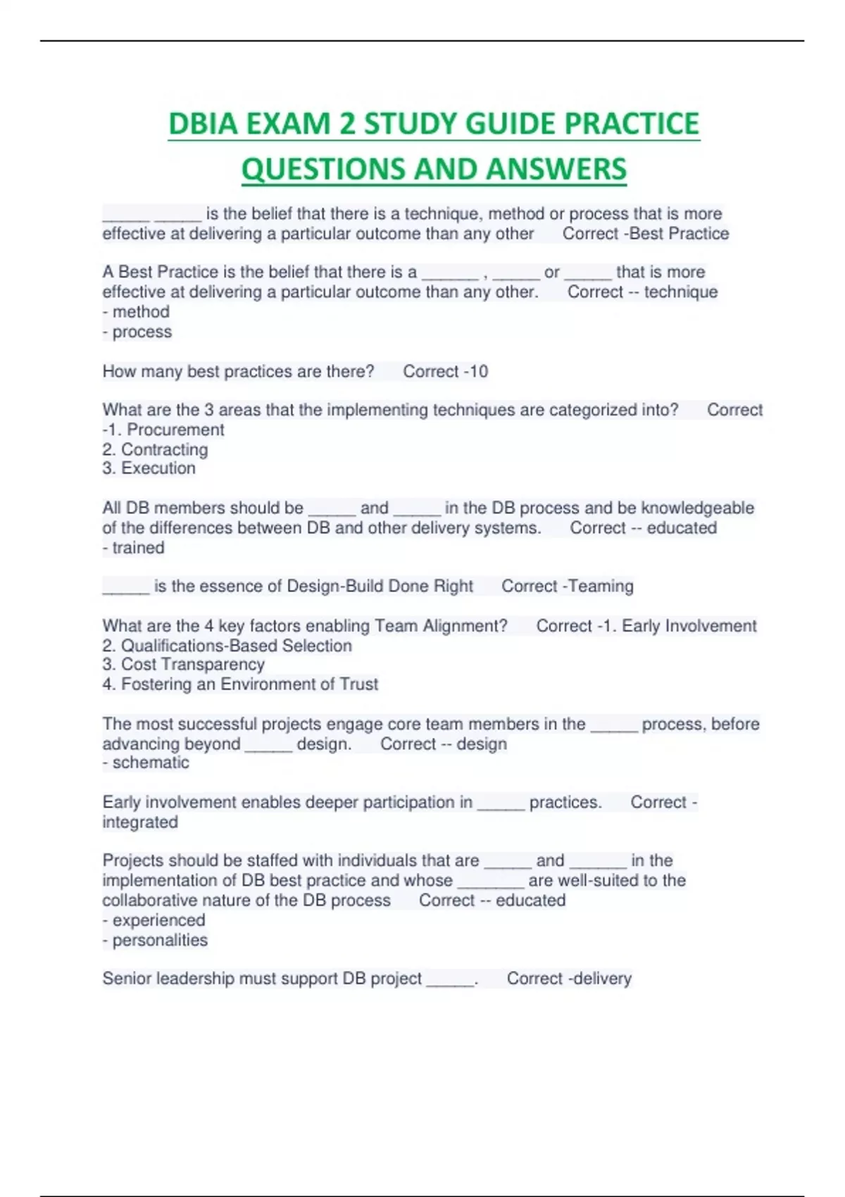 DBIA EXAM 2 STUDY GUIDE PRACTICE QUESTIONS AND ANSWERS 100% VERIFIED. - DBIA - Stuvia US