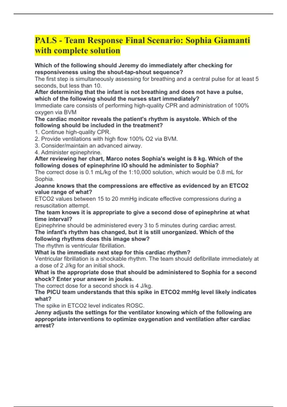 PALS - Team Response Final Scenario: Sophia Giamanti with complete solution - PALS - Team ...