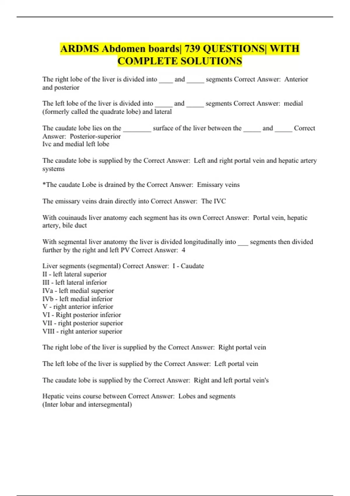 ARDMS Abdomen boards| 739 QUESTIONS| WITH COMPLETE SOLUTIONS - Ardms ...
