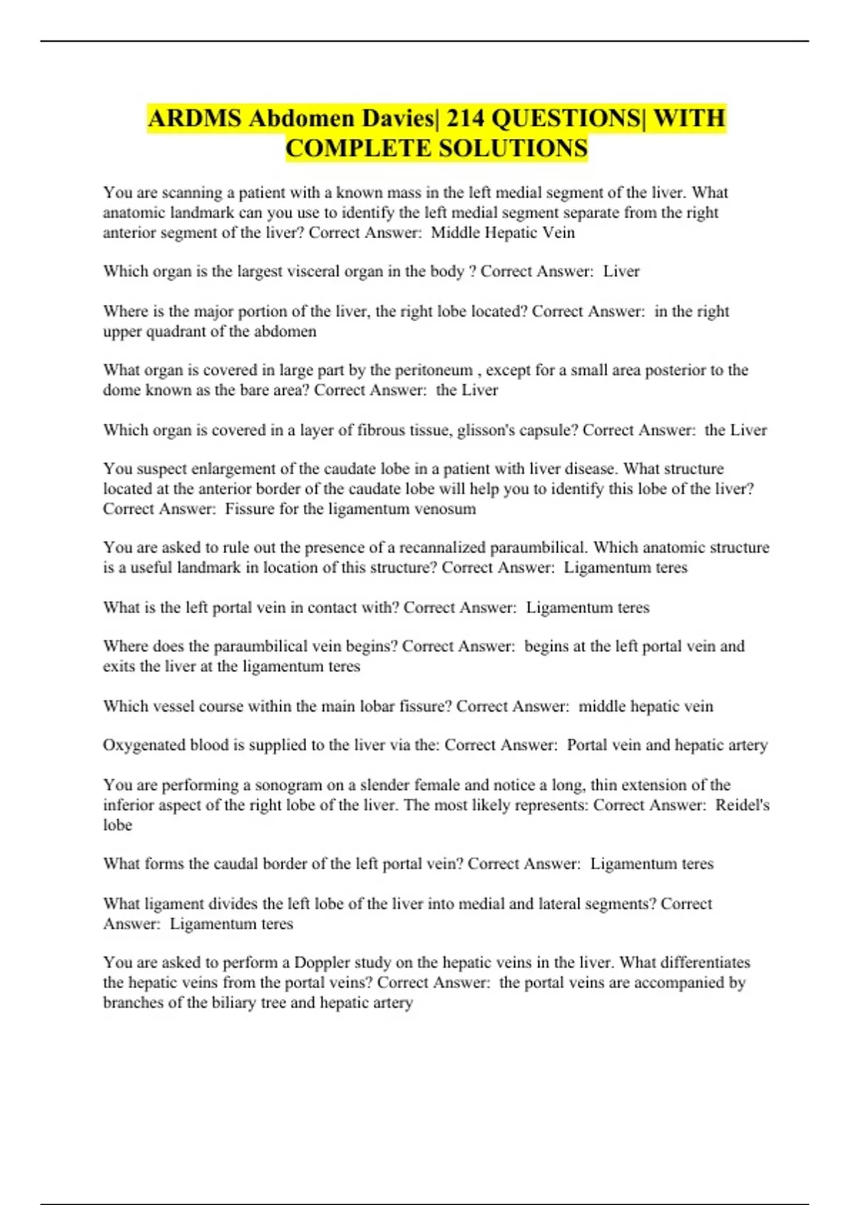 ARDMS Abdomen Davies| 214 QUESTIONS| WITH COMPLETE SOLUTIONS - Ardms ...