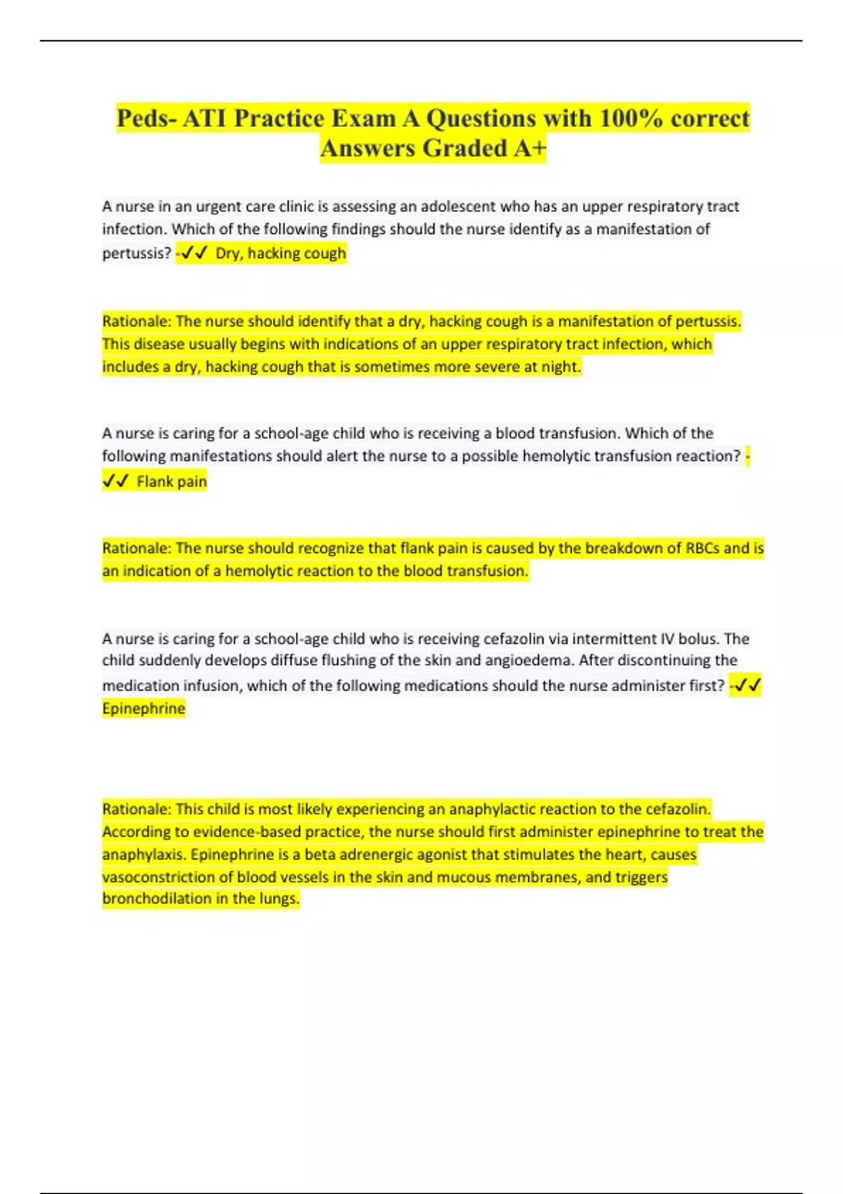 Peds- ATI Practice Exam A Questions with 100% correct Answers Graded A+ ...