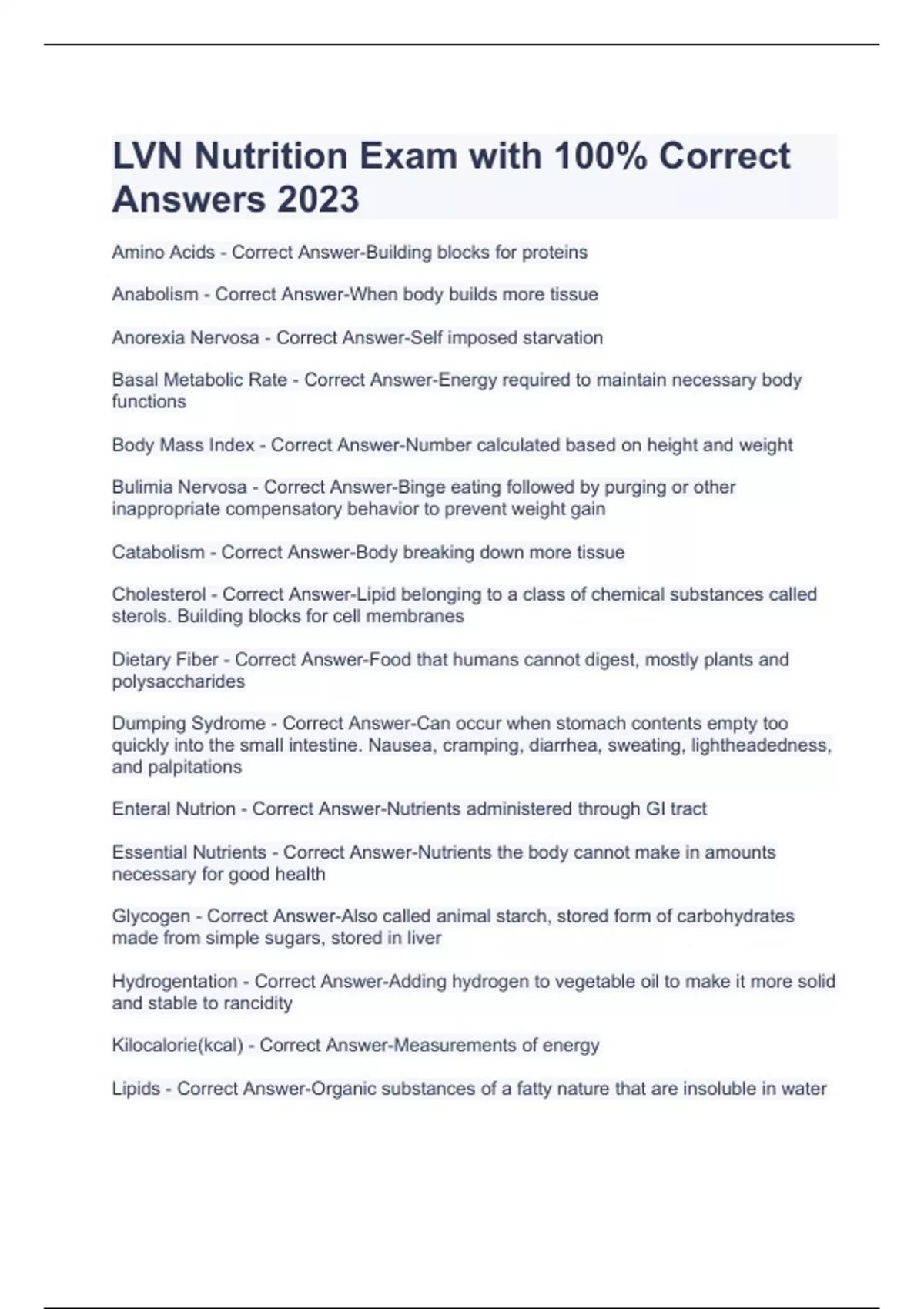 LVN Nutrition Exam with 100% Correct Answers 2023 - LVN - Stuvia US