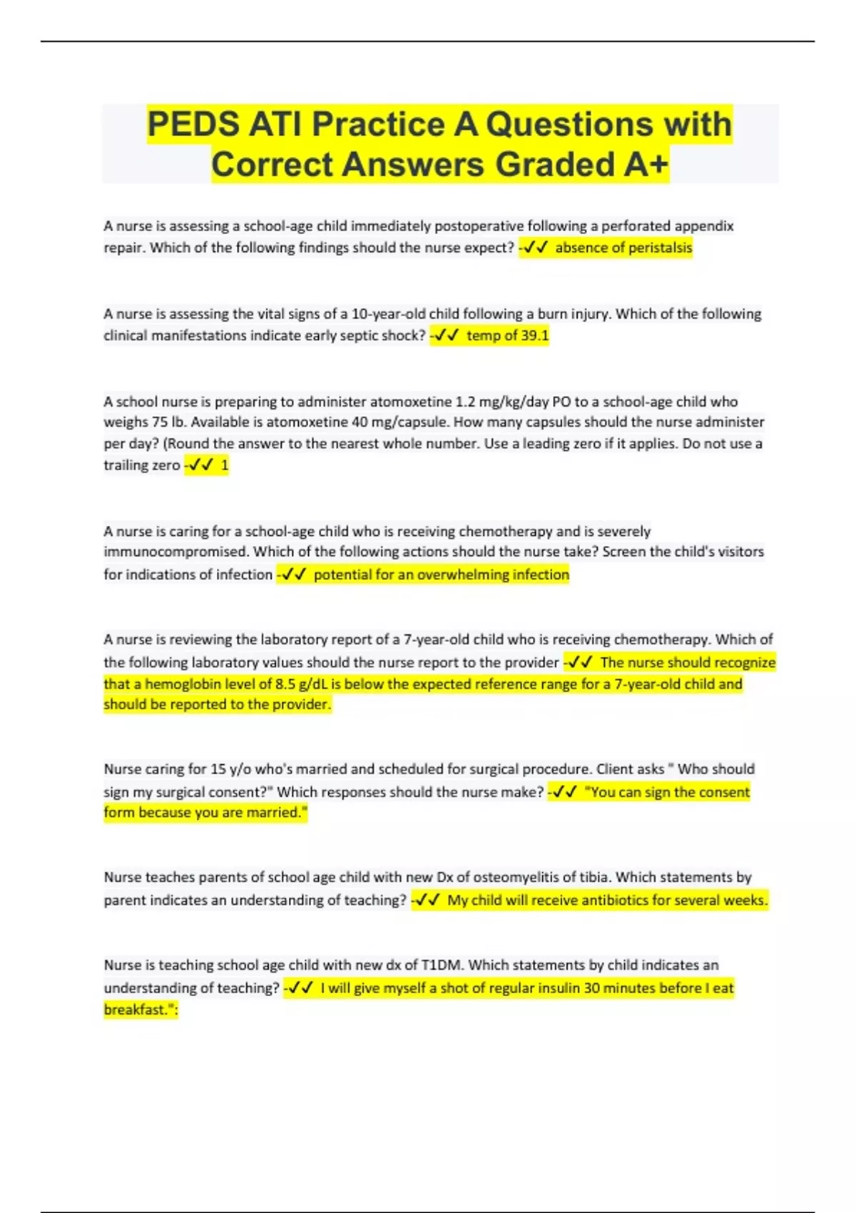 PEDS ATI Practice A Questions with Correct Answers Graded A+ - PEDS ATI ...