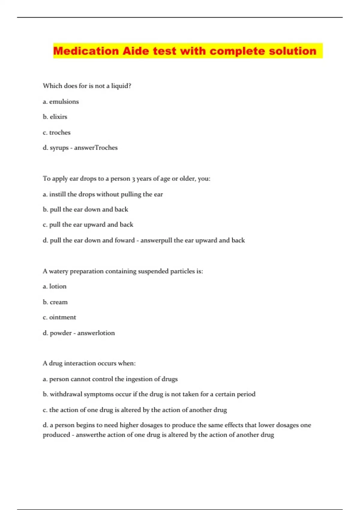 Medication Aide State Test Questions and Answers () (Verified Answers ...