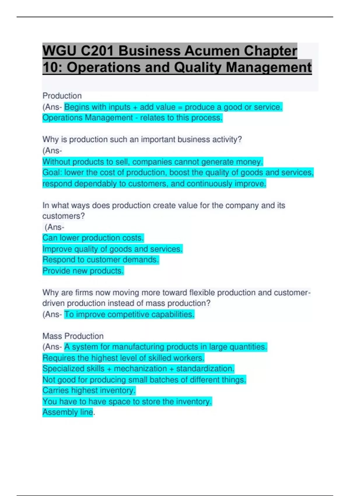 WGU C201 Business Acumen Chapter 10: Operations and Quality Management - WGU C201 - Stuvia US