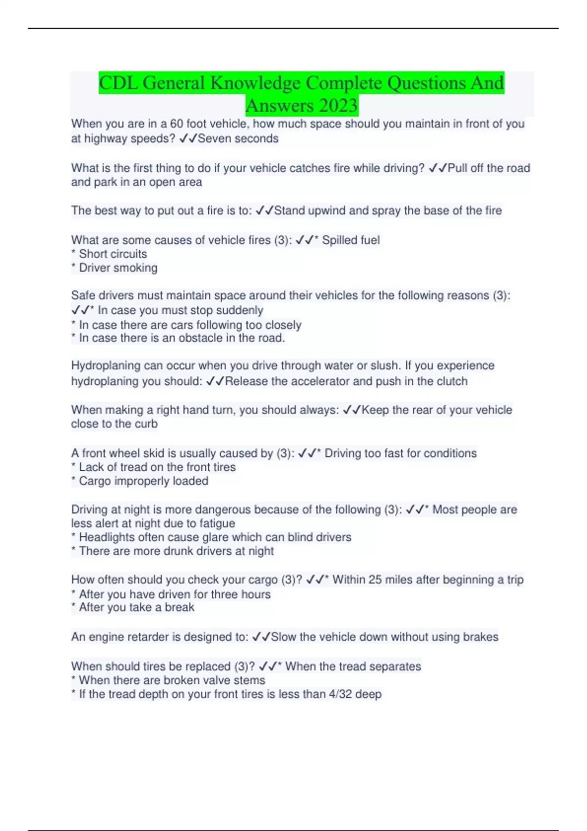 CDL General Knowledge Complete Questions And Answers 2023 - CDL General ...