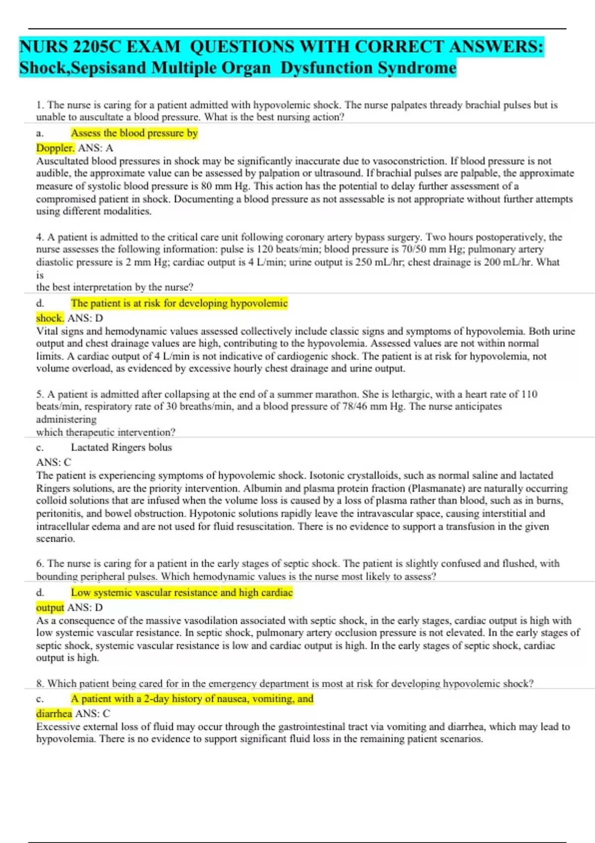 NURS 2205C EXAM QUESTIONS WITH CORRECT ANSWERS: Shock,Sepsisand ...