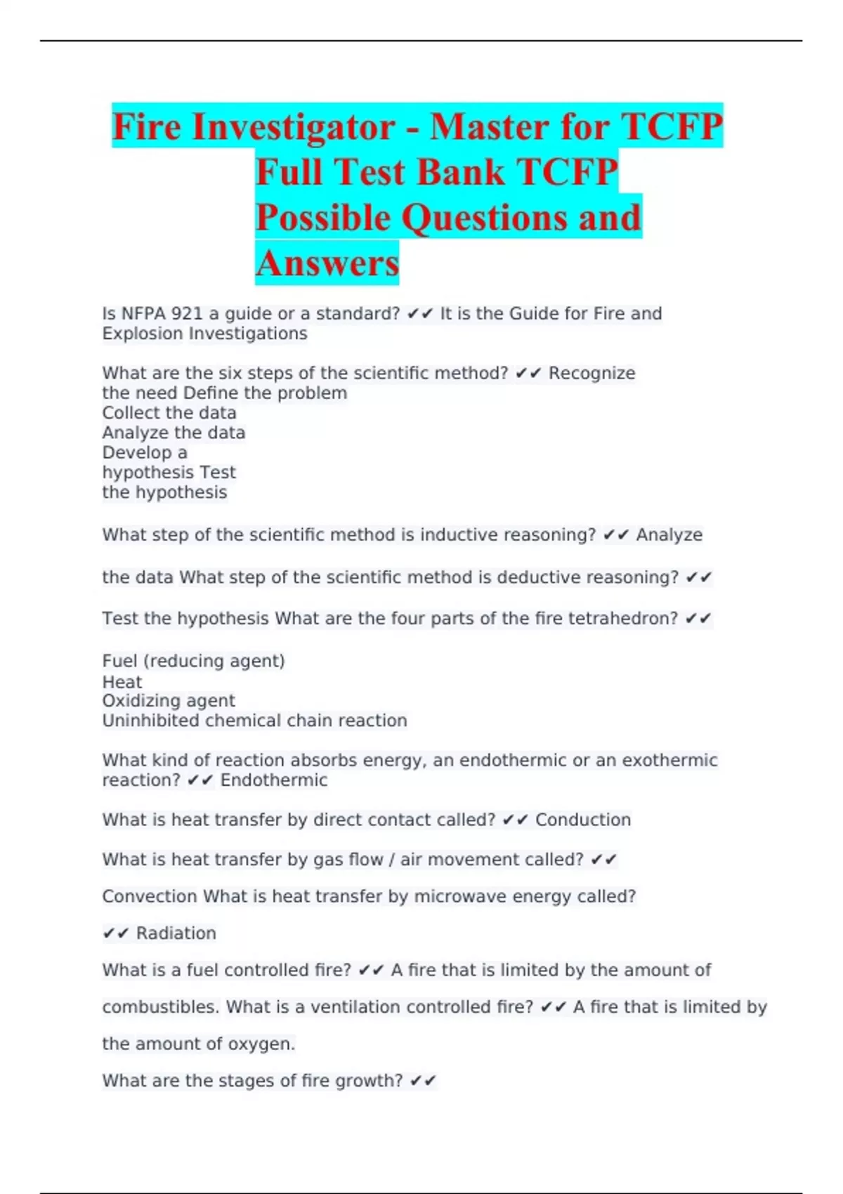 Fire Investigator - Master For TCFP Test Questions and Answers (Test ...