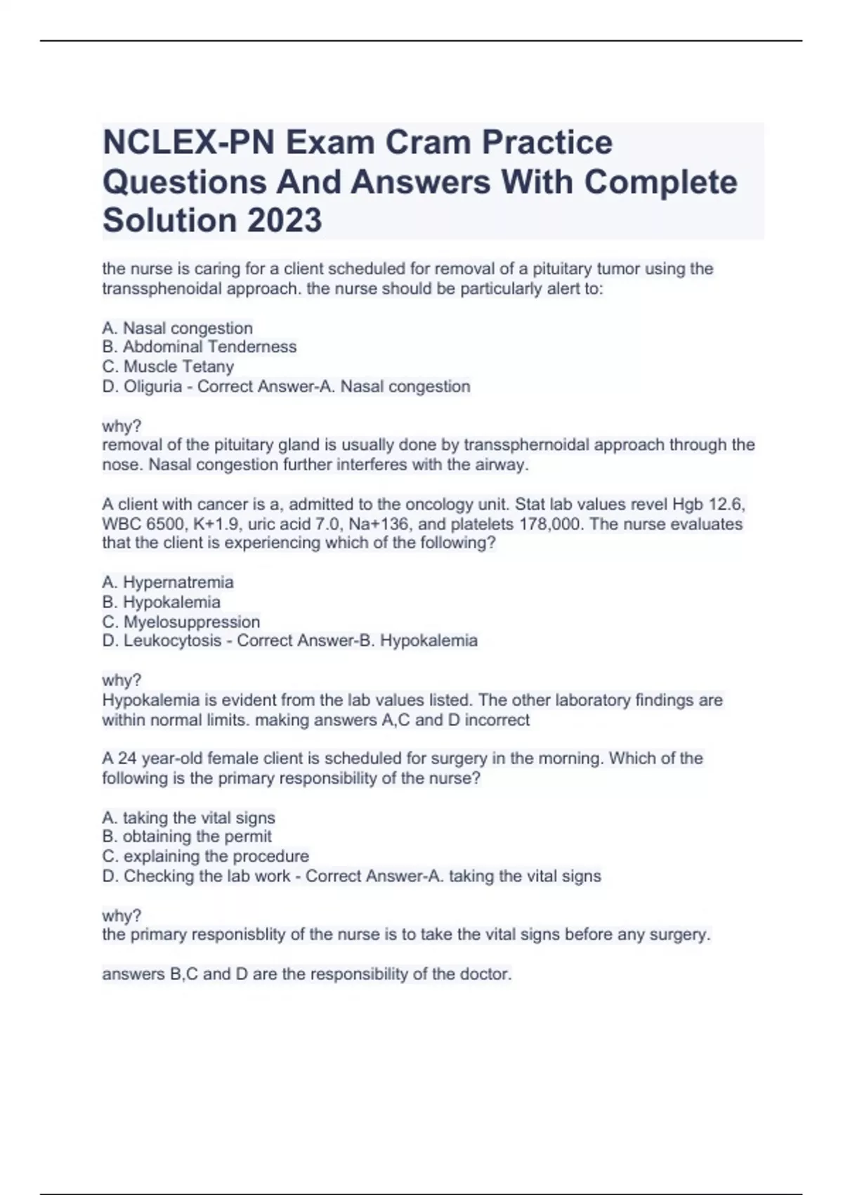 NCLEX-PN Exam Cram Practice Questions And Answers With Complete ...