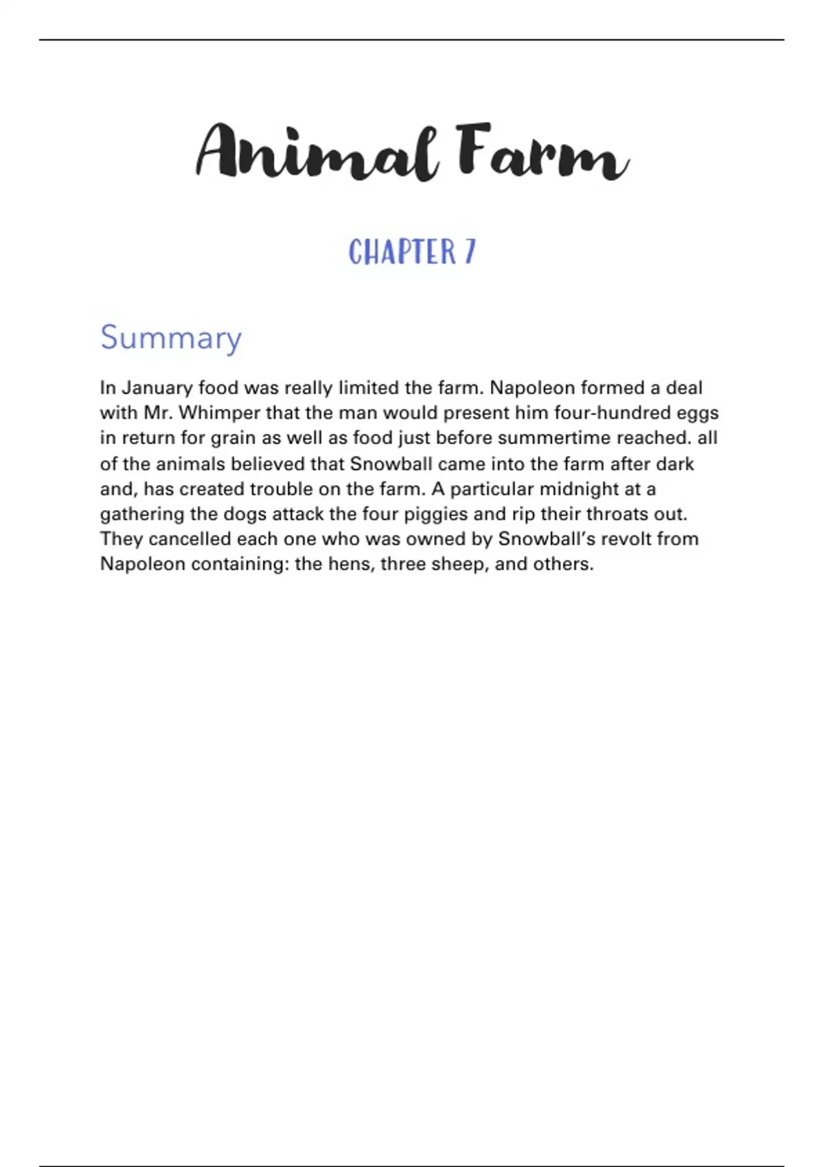 Animal Farm Chapter 7 summary and analysis - English literature - Stuvia UK