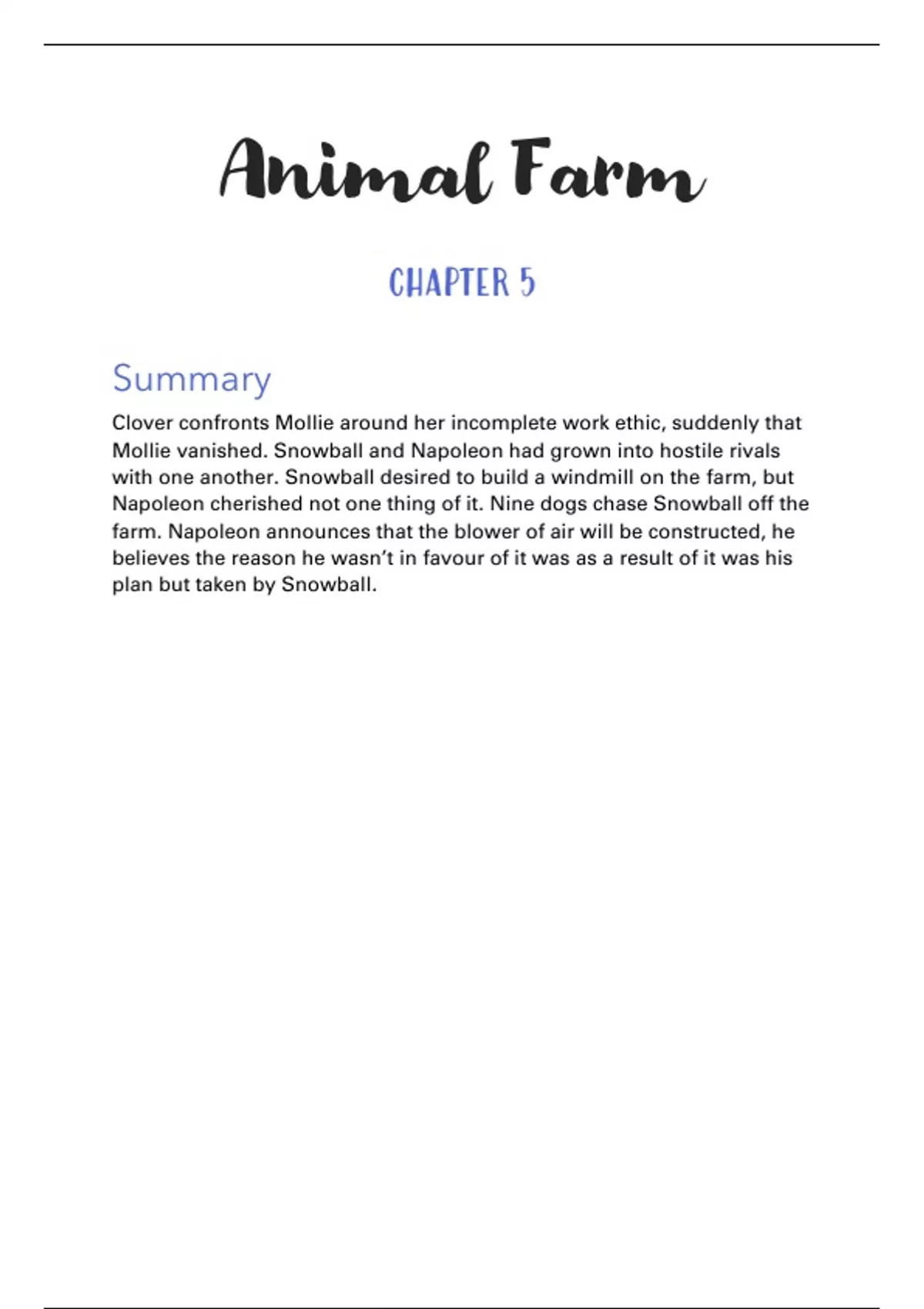 Animal Farm Chapter 5 summary and analysis - English literature - Stuvia UK