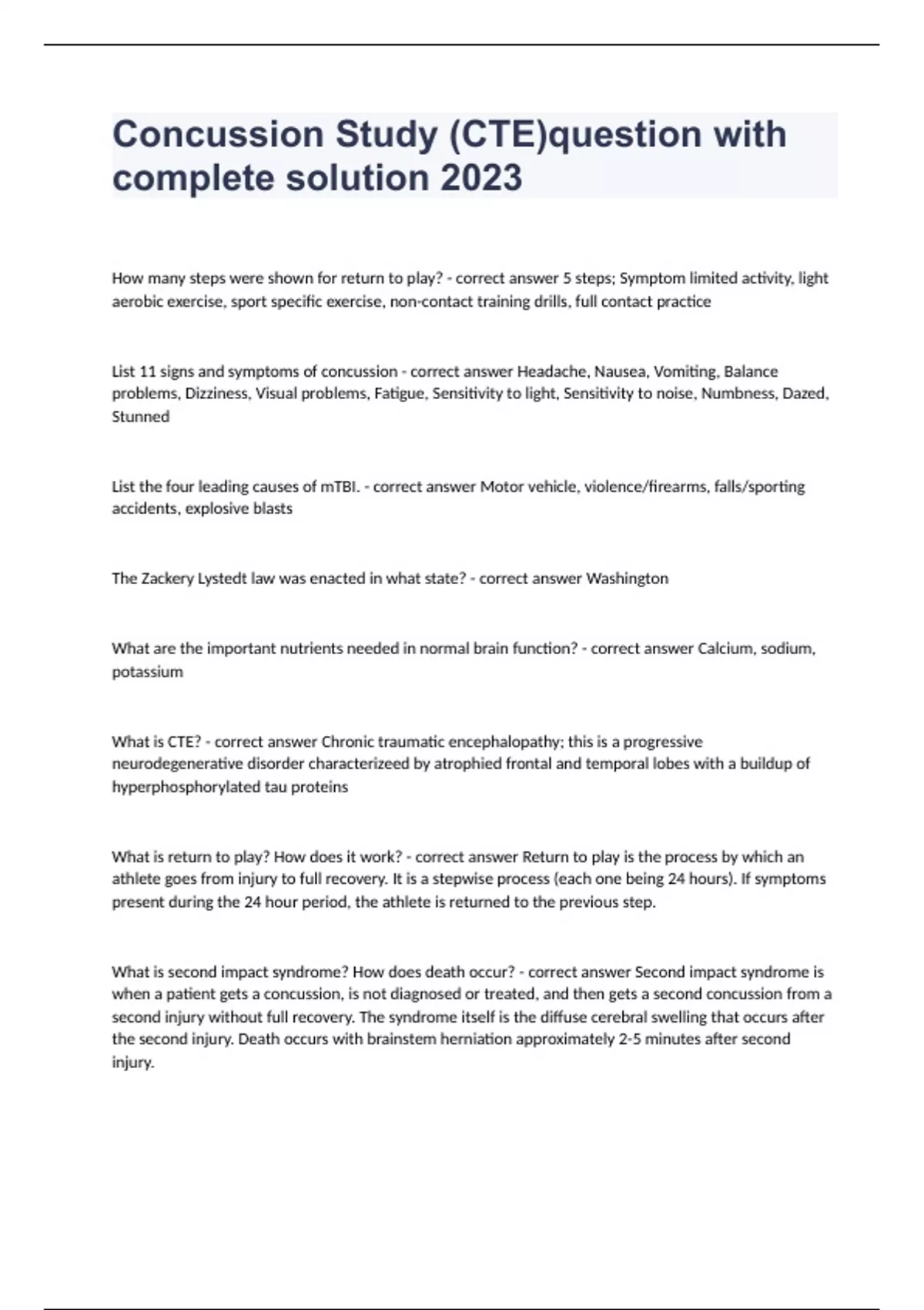 Concussion Study (CTE)question with complete solution 2023 - CTE ...