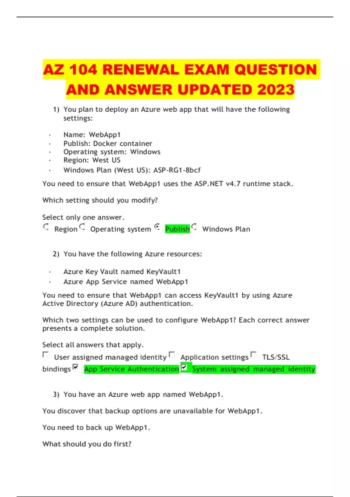 AZ 104 RENEWAL EXAM QUESTION AND ANSWER UPDATED 2023 - AZ 104 RENEWAL ...