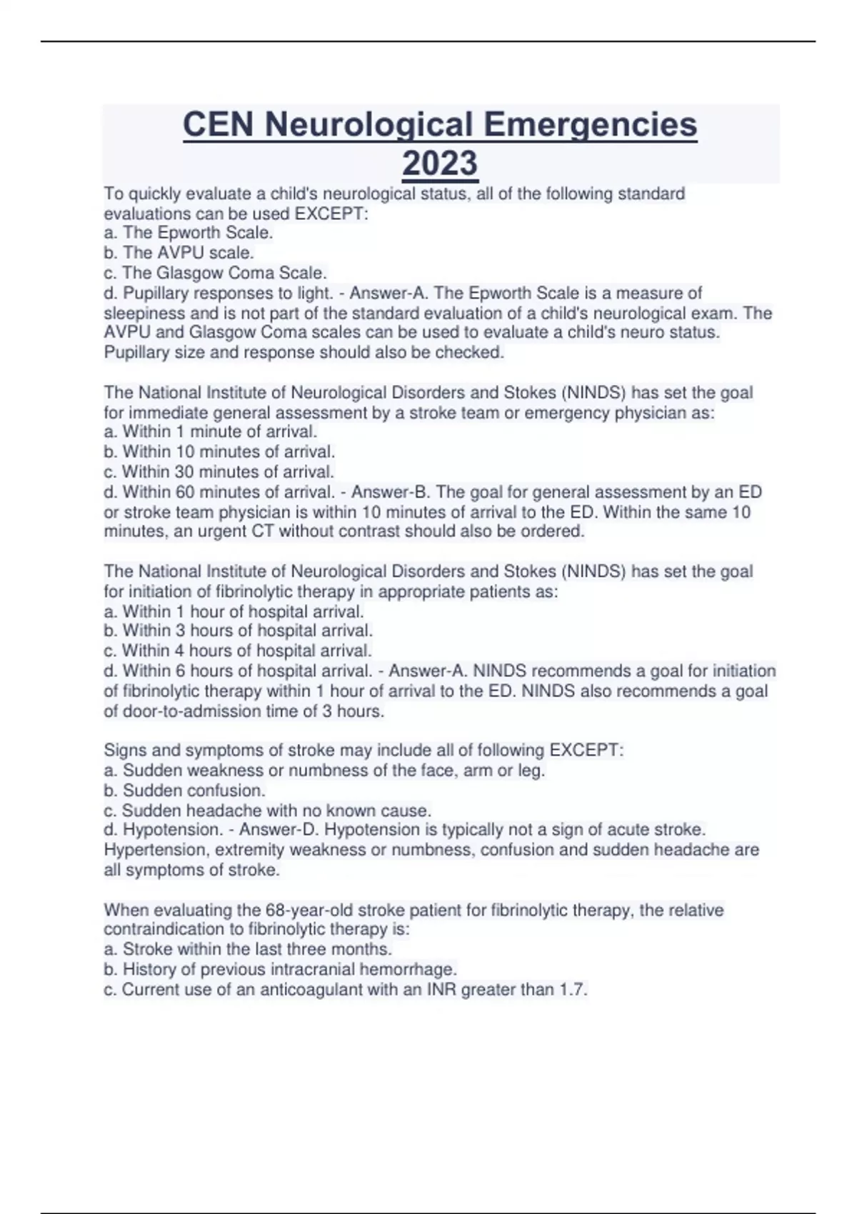 CEN Neurological Emergencies 2023 - CEN - Stuvia US