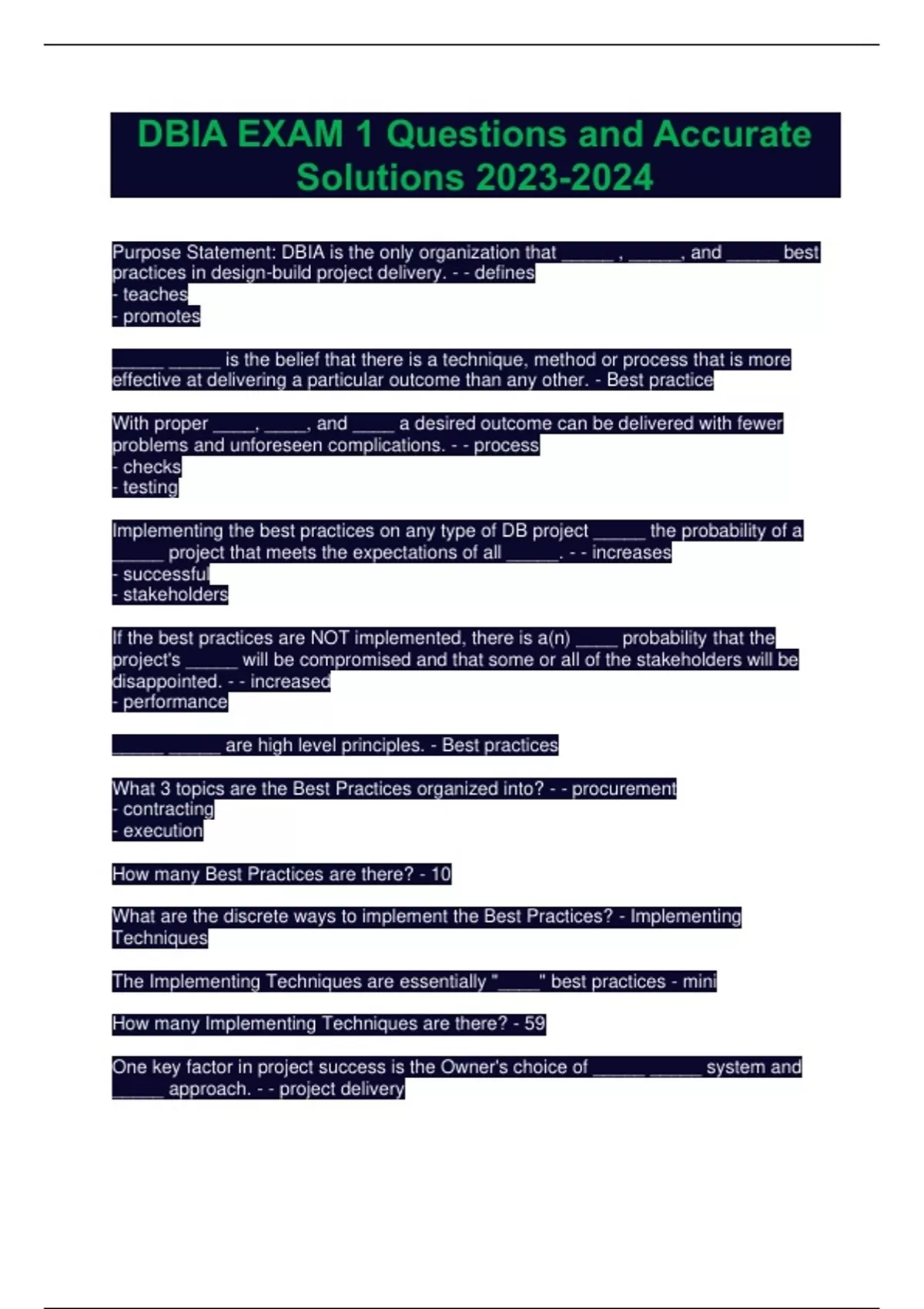 DBIA EXAM 1 Questions and Accurate Solutions - DBIA - Stuvia US