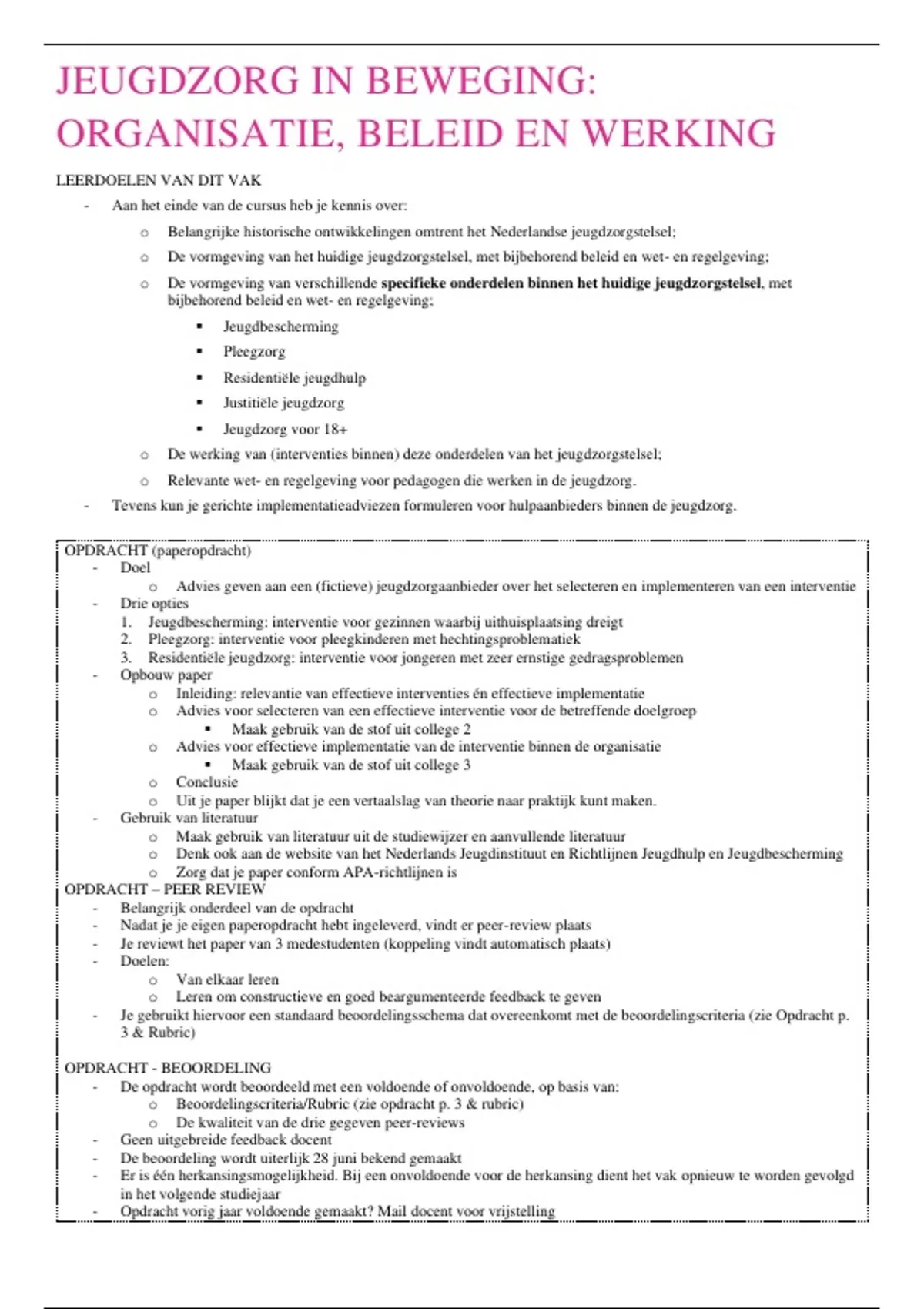 College-aantekeningen Jeugdzorg in beweging: organisatie, beleid en werking (6472JEUGD ...