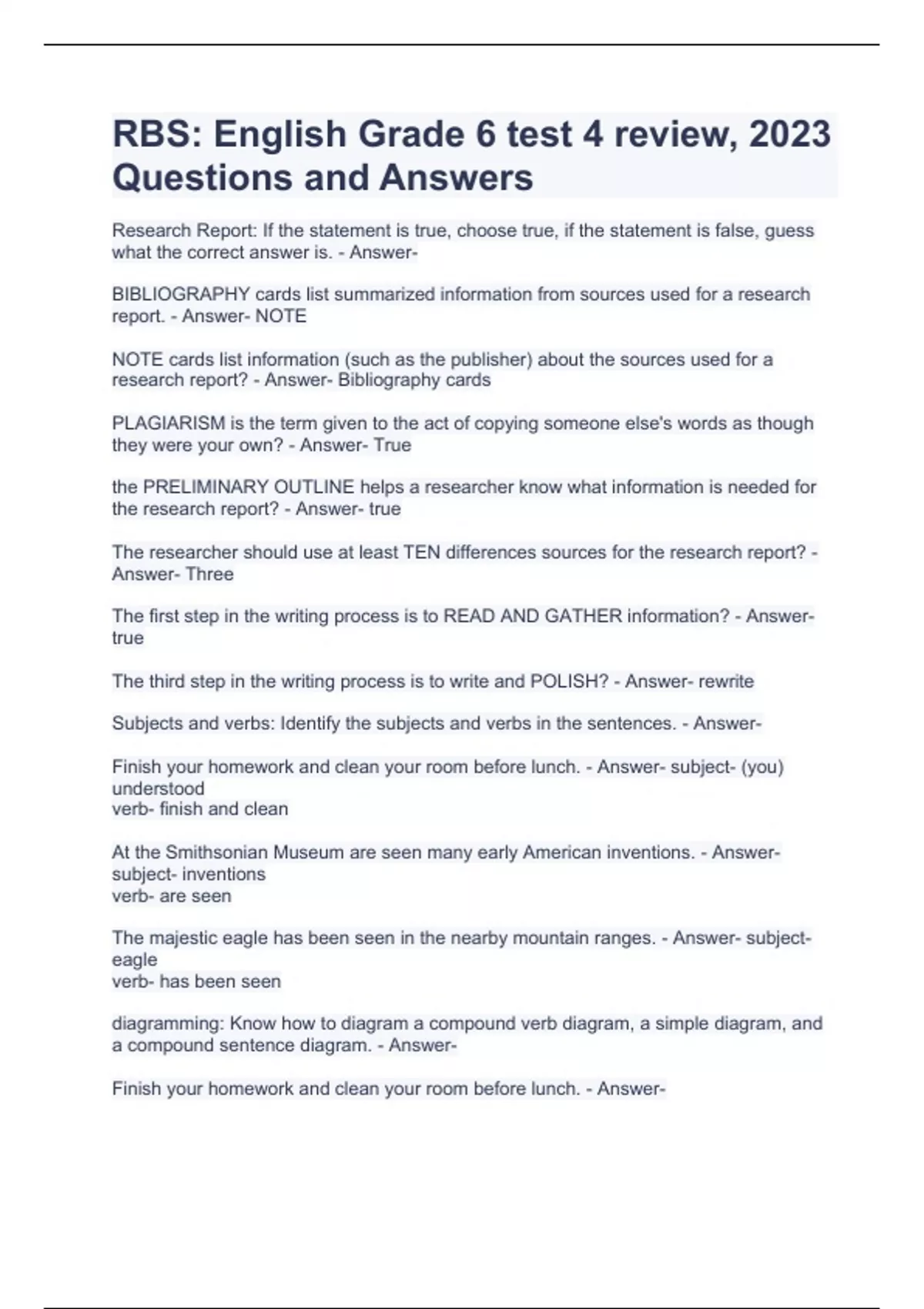 RBS: English Grade 6 test 4 review, 2023 Questions and Answers - RBS ...