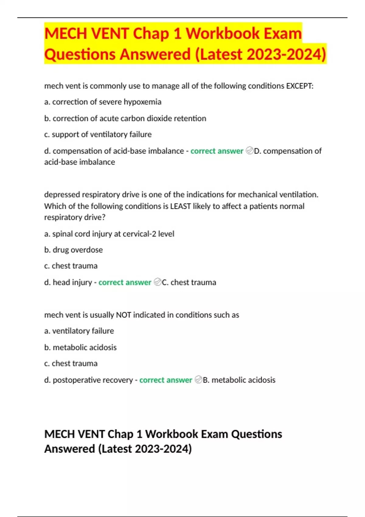 MECH VENT Chap 1 Workbook Exam Questions Answered (Latest ) - MECH VENT ...