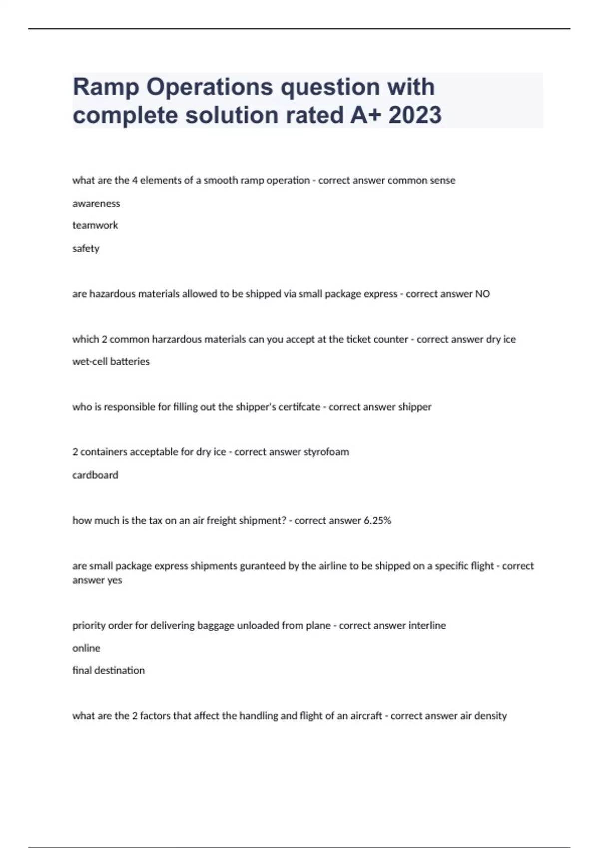 Ramp Operations question with complete solution rated A+ 2023 - Ramp ...