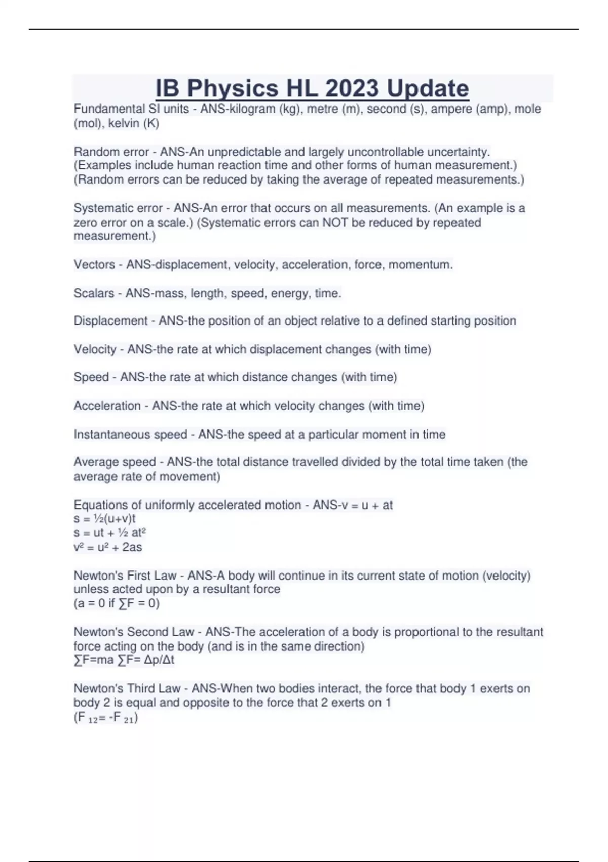IB Physics SL Definitions (2023) AND IB Physics HL 2023 Update, Package ...