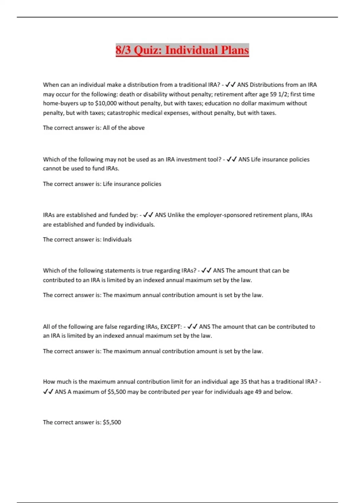 8/3 Quiz: Individual Plans QUESTIONS AND ASNSWERS CORRECTLY ANSWERED ...
