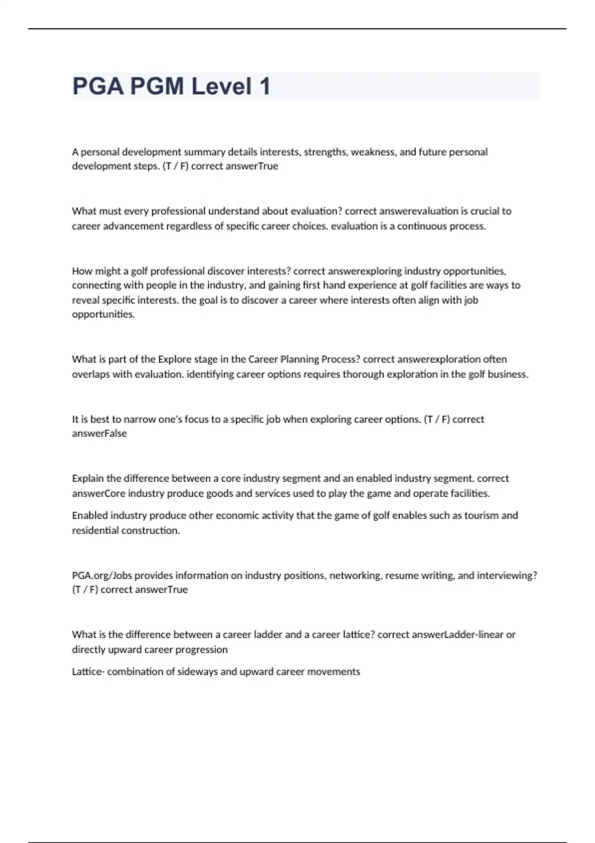 PGA PGM Level 1 exam 2023 with 100% correct answers - PGA PGM Level 1 ...