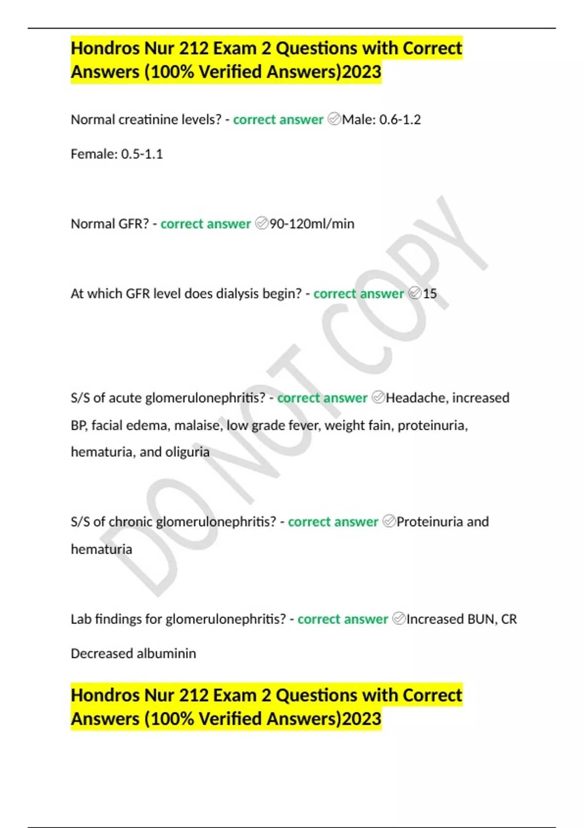 Hondros Nur 212 Exam 2 Questions with Correct Answers (100% Verified Answers)2023 - Hondros Nur ...