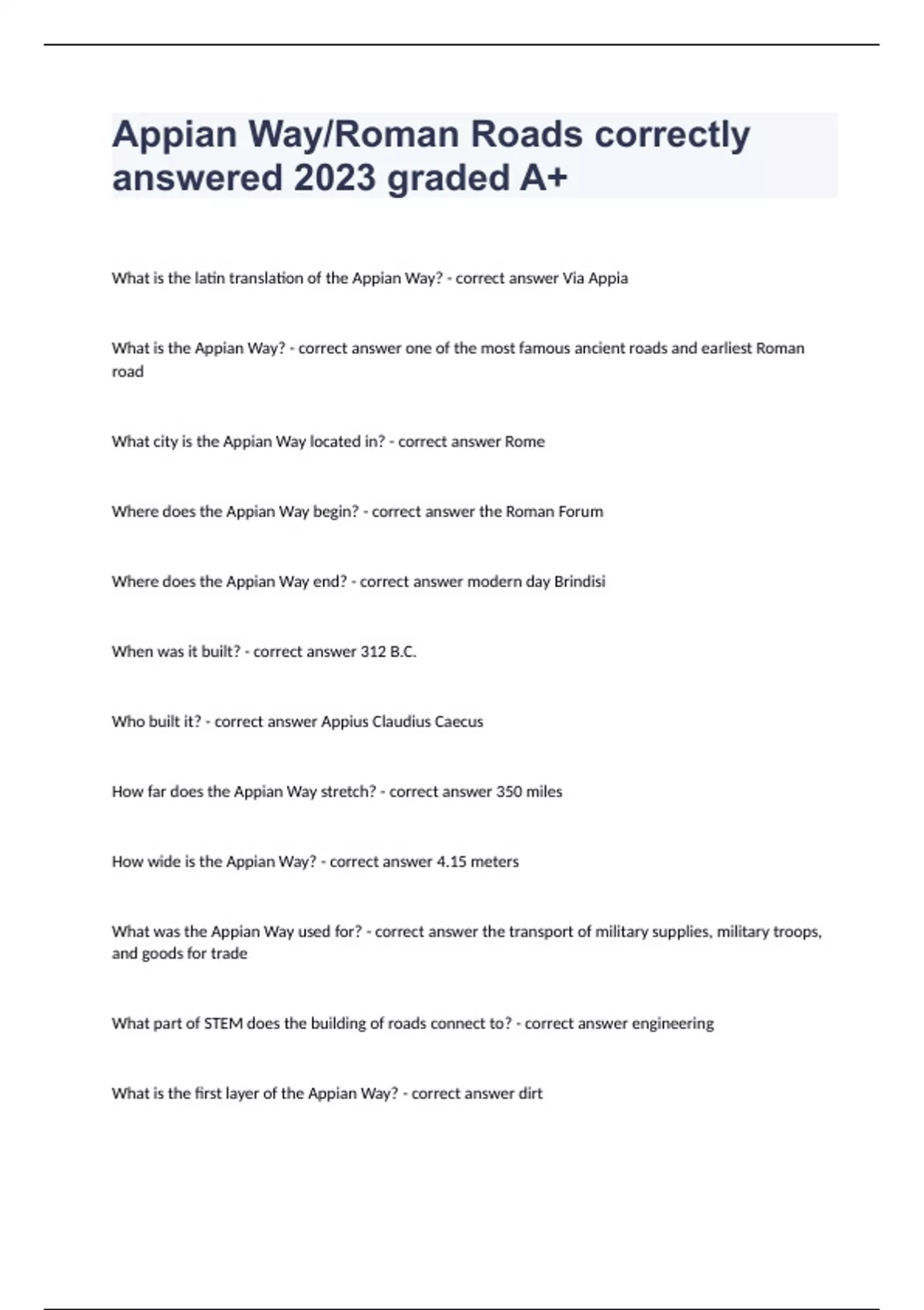 Appian Way/Roman Roads correctly answered 2023 graded A+ - Appian ...