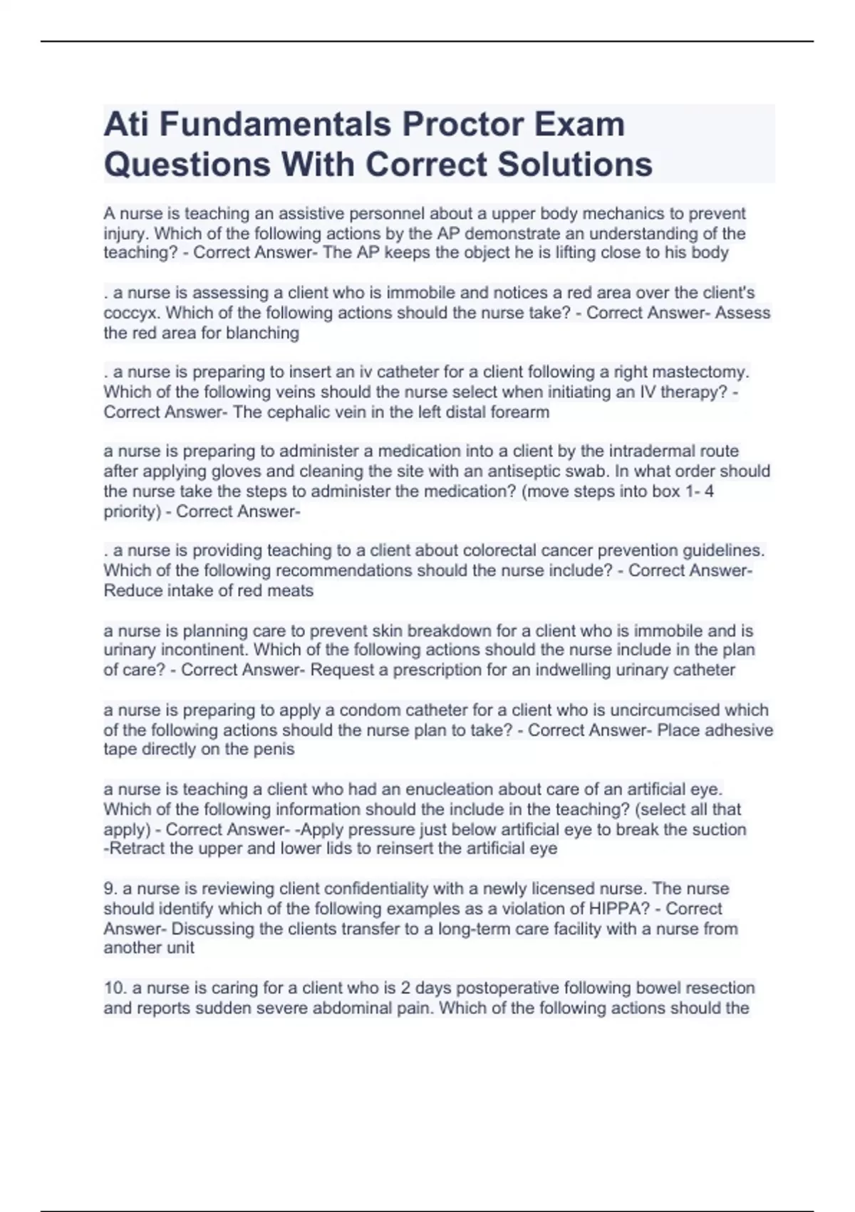 Ati Fundamentals Proctor Exam Questions With Correct Solutions - ATI Fundamentals - Stuvia US