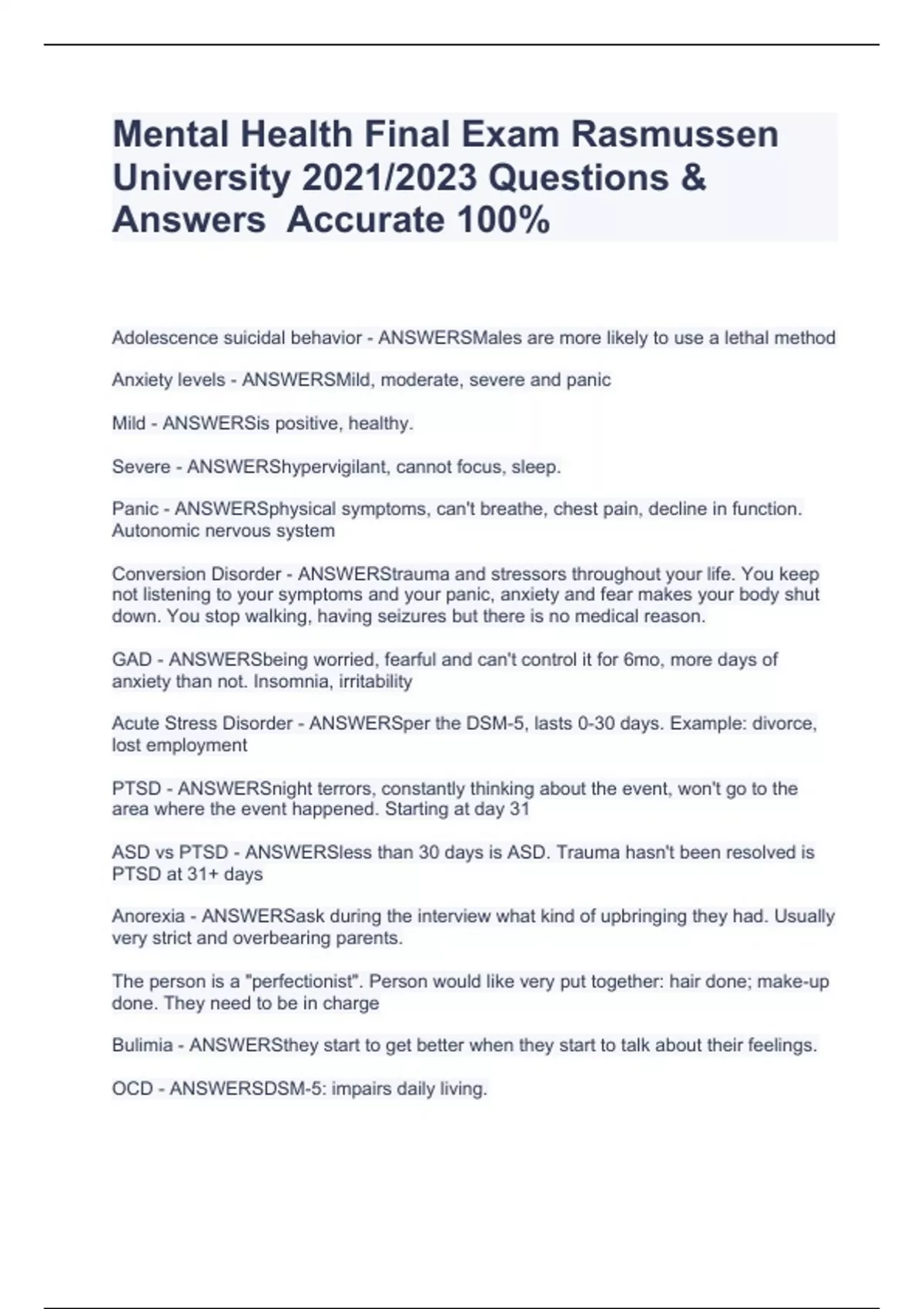 Mental Health-FINAL EXAM Rasmussen Pack 2023 - Stuvia US