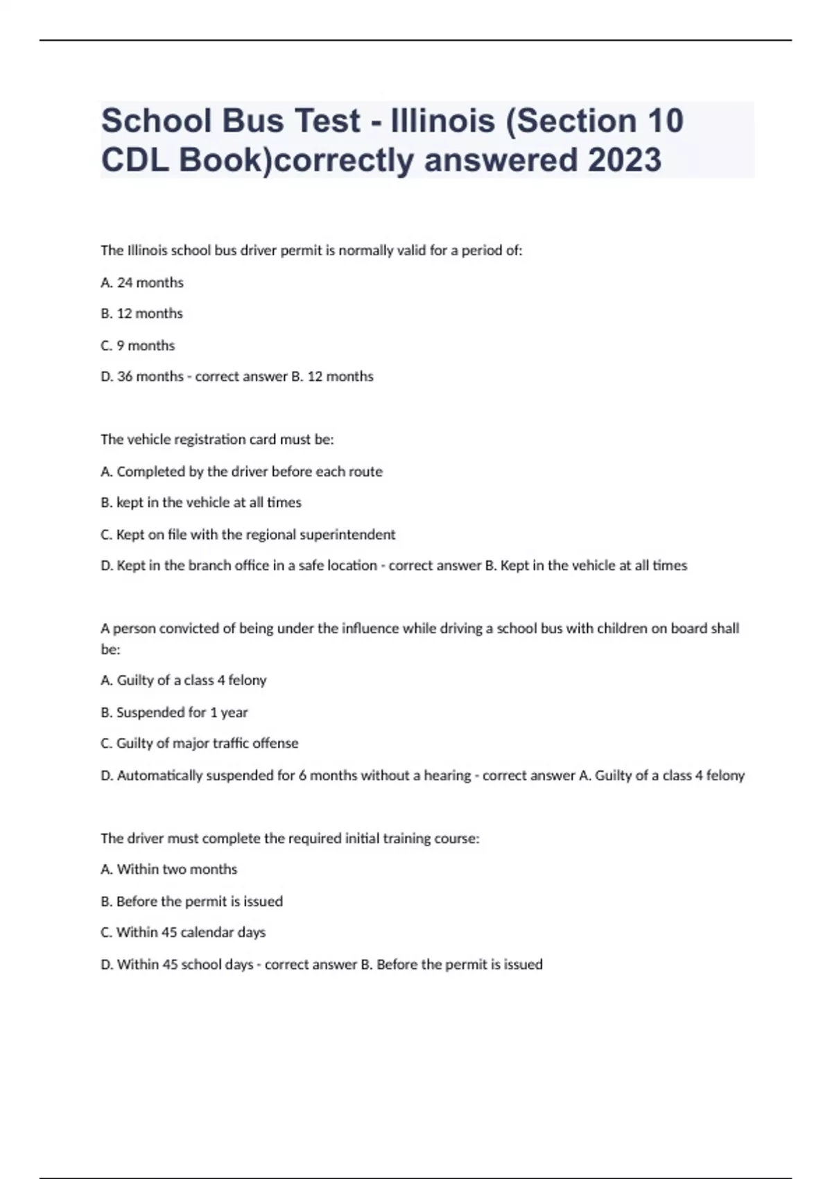 School Bus Test - Illinois (Section 10 CDL Book)correctly answered 2023 ...