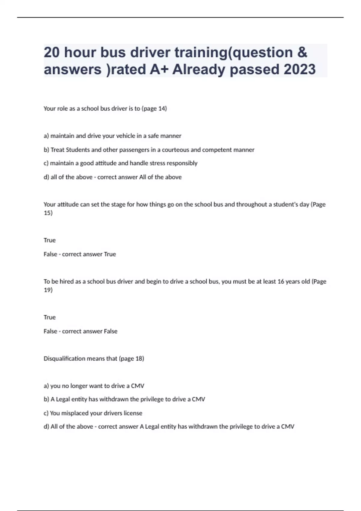 20 hour bus driver training(question & answers )rated A+ Already passed 2023 - School bus ...