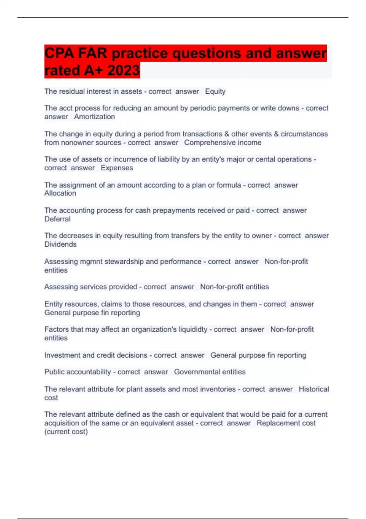 CPA FAR practice questions and answer rated A+ 2023 - CPA FAR practice - Stuvia US