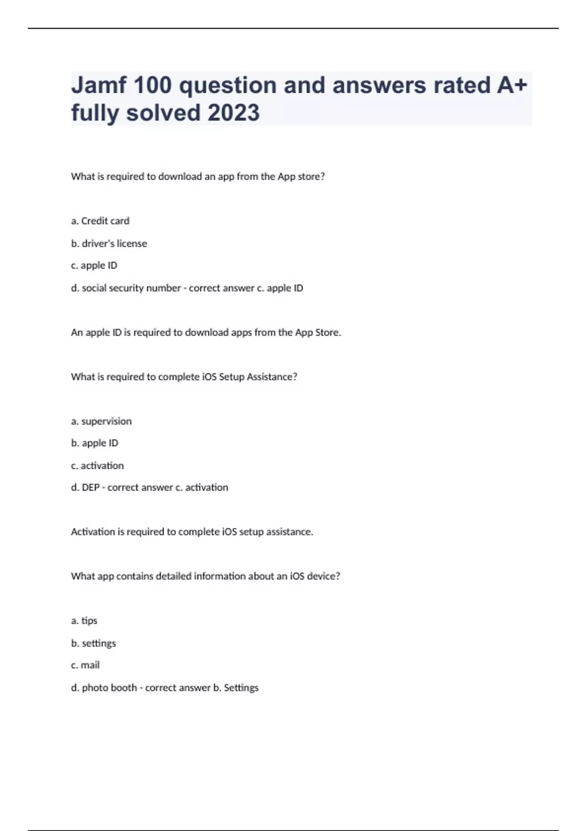 Jamf 100 question and answers rated A+ fully solved 2023 - Jamf - Stuvia US