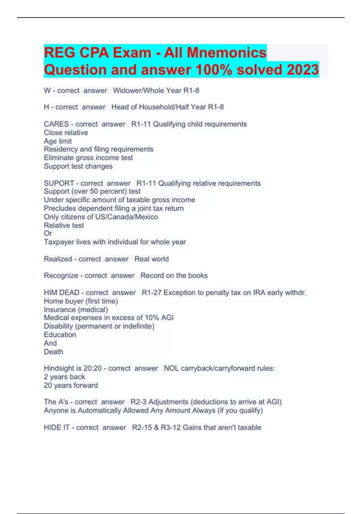 REG CPA Exam - All Mnemonics Question and answer 100% solved 2023 - REG CPA - All Mnemonics ...