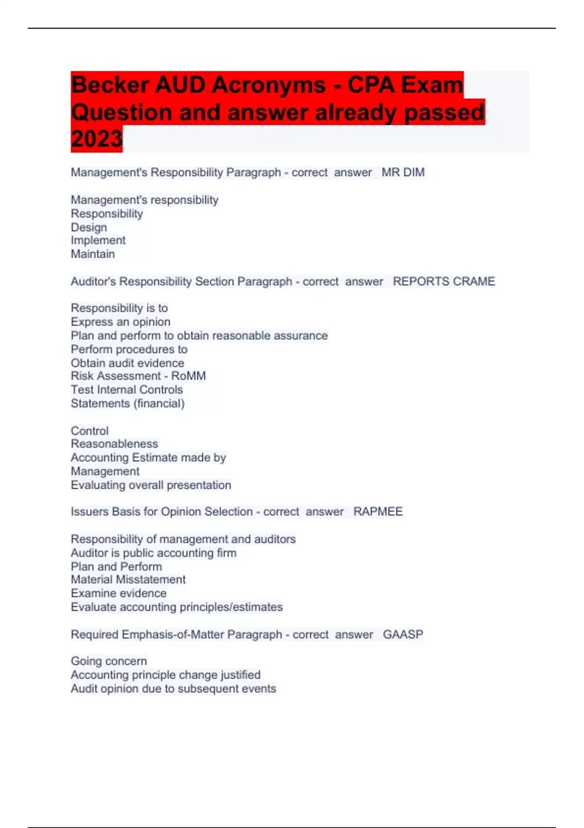 Becker AUD Acronyms - CPA Exam Question and answer already passed 2023 ...