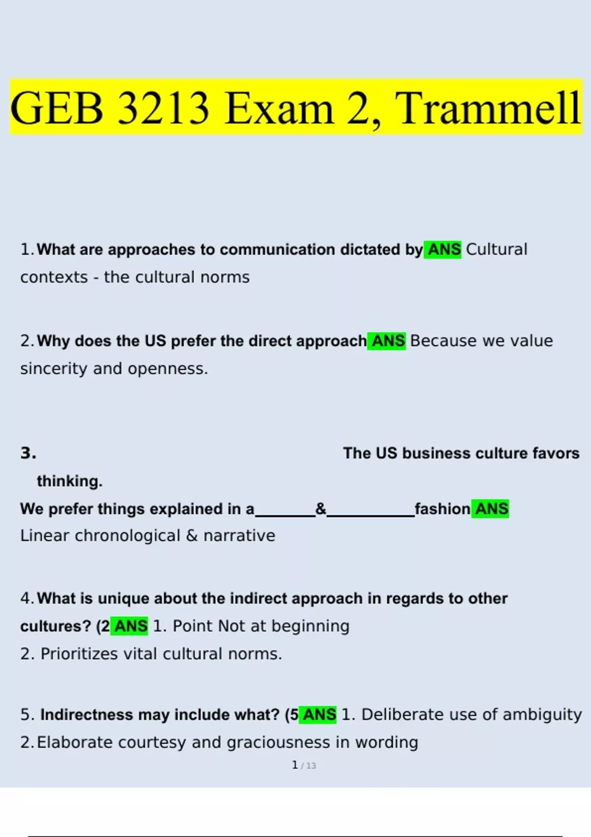 GEB 3213 Exam 2 Trammell Questions and Answers 2023 (Verified Answers ...