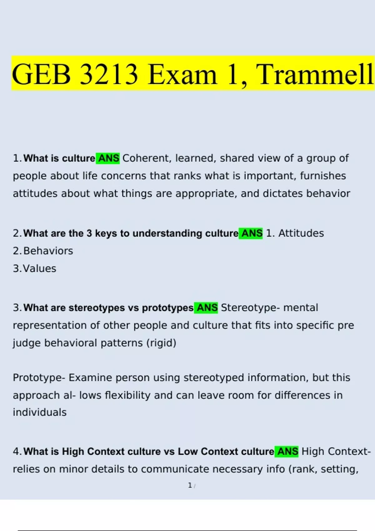 GEB 3213 Exam 1 Trammell Questions and Answers 2023 (Verified Answers) - GEB 3213 - Stuvia US
