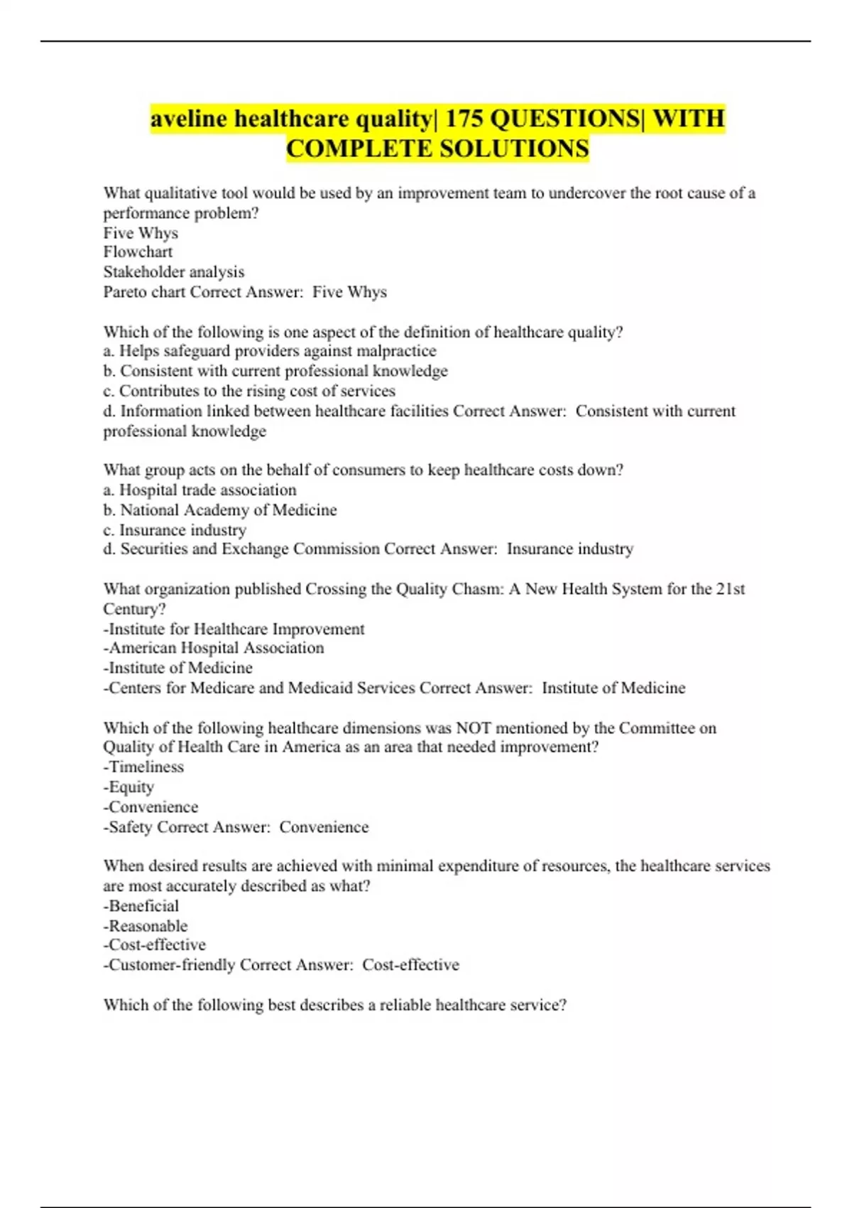 aveline healthcare quality| 175 QUESTIONS| WITH COMPLETE SOLUTIONS ...