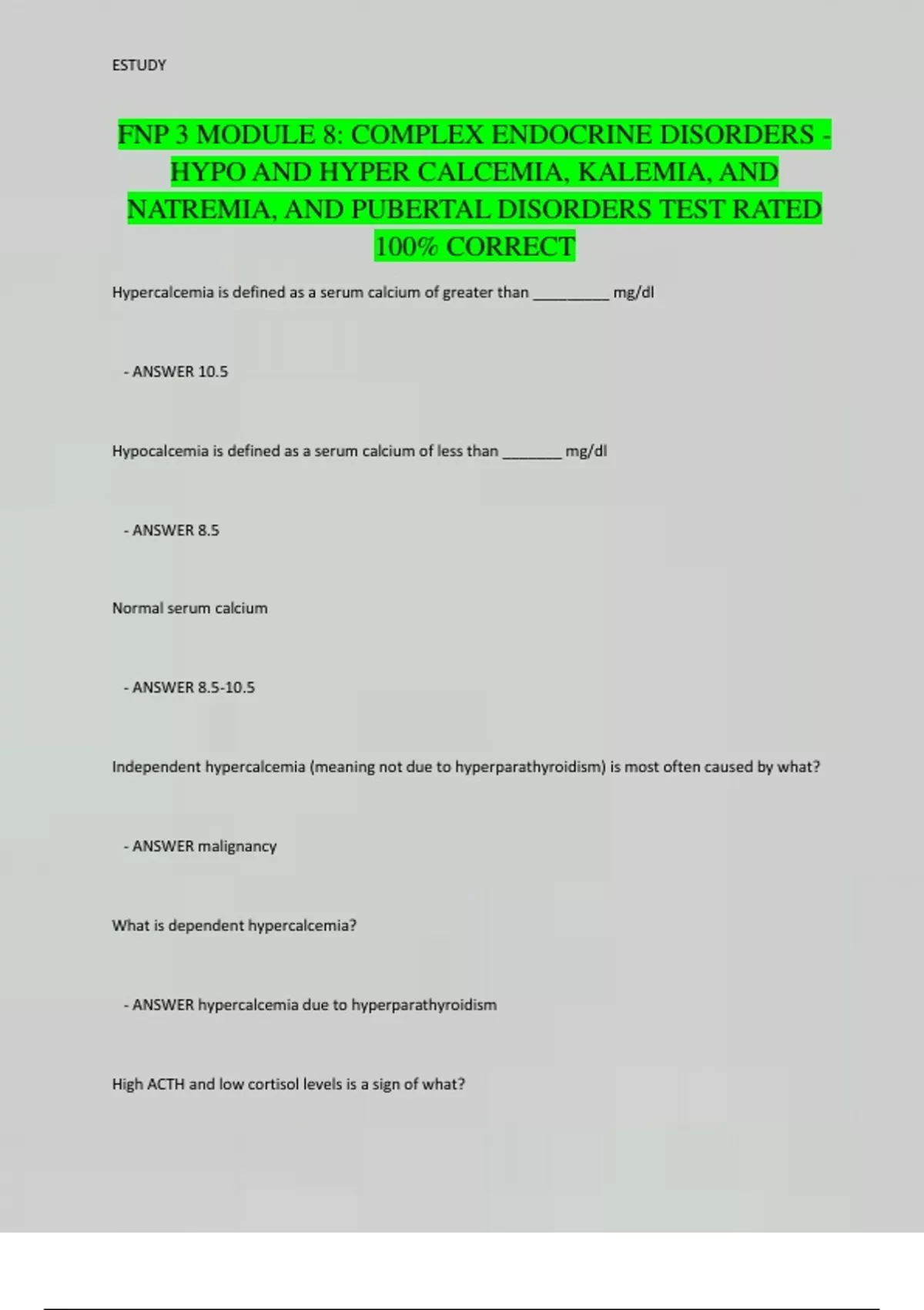 FNP 3 MODULE 8: COMPLEX ENDOCRINE DISORDERS - HYPO AND HYPER CALCEMIA ...