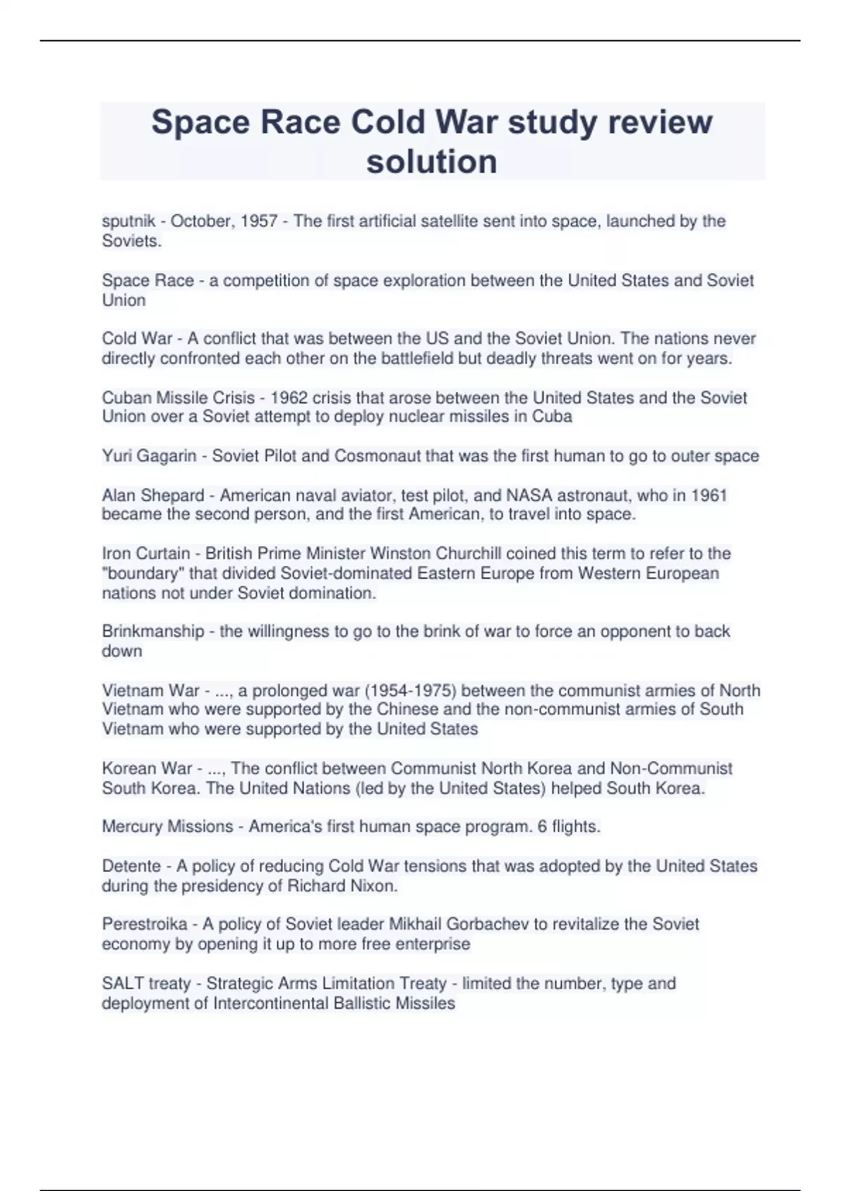 Space Race Cold War study review solution - Space Race Cold War - Stuvia US