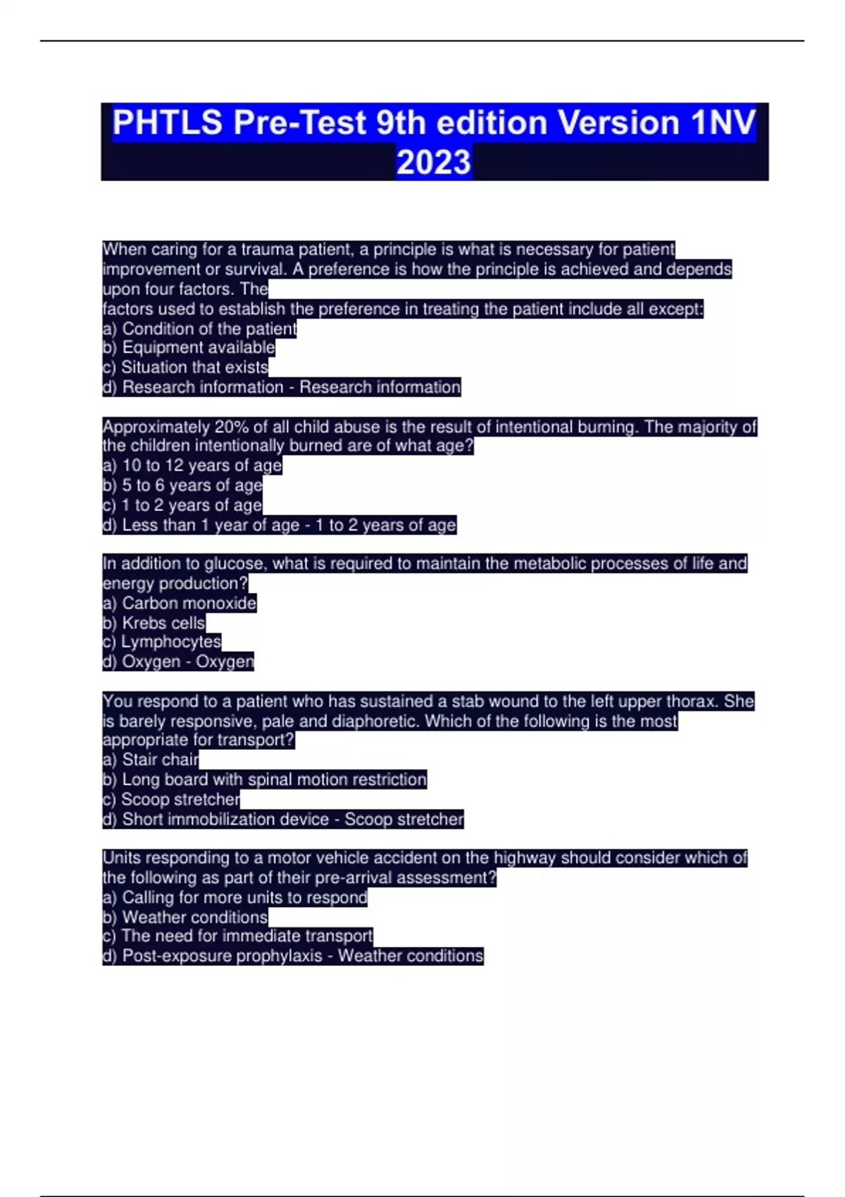 PHTLS Pre-Test 9th edition Version 1NV 2023 - PHTLS Pre - Stuvia US