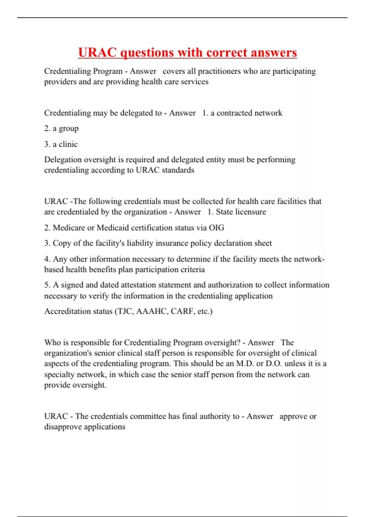 URAC questions with correct answers - URAC - Stuvia US